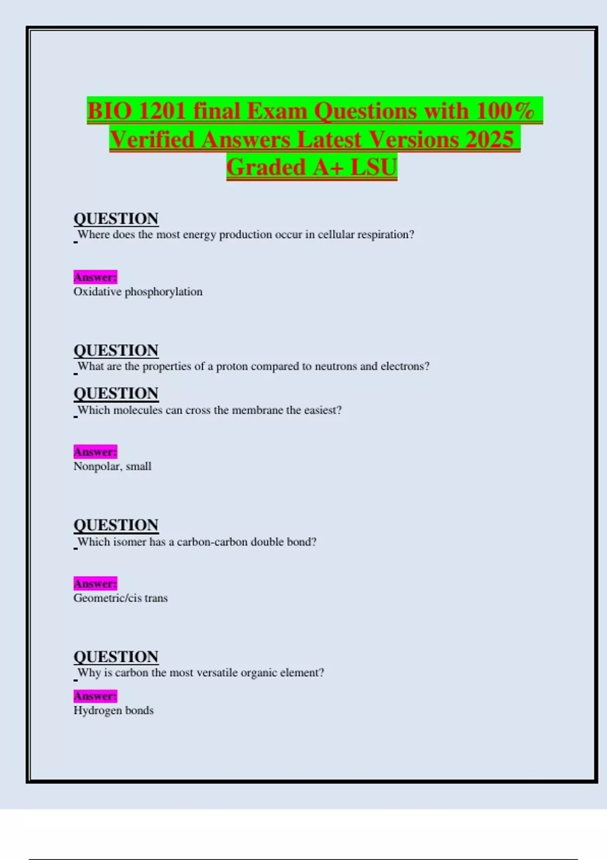 BIO 1201 final Exam Questions with 100- Verified Answers Latest ...