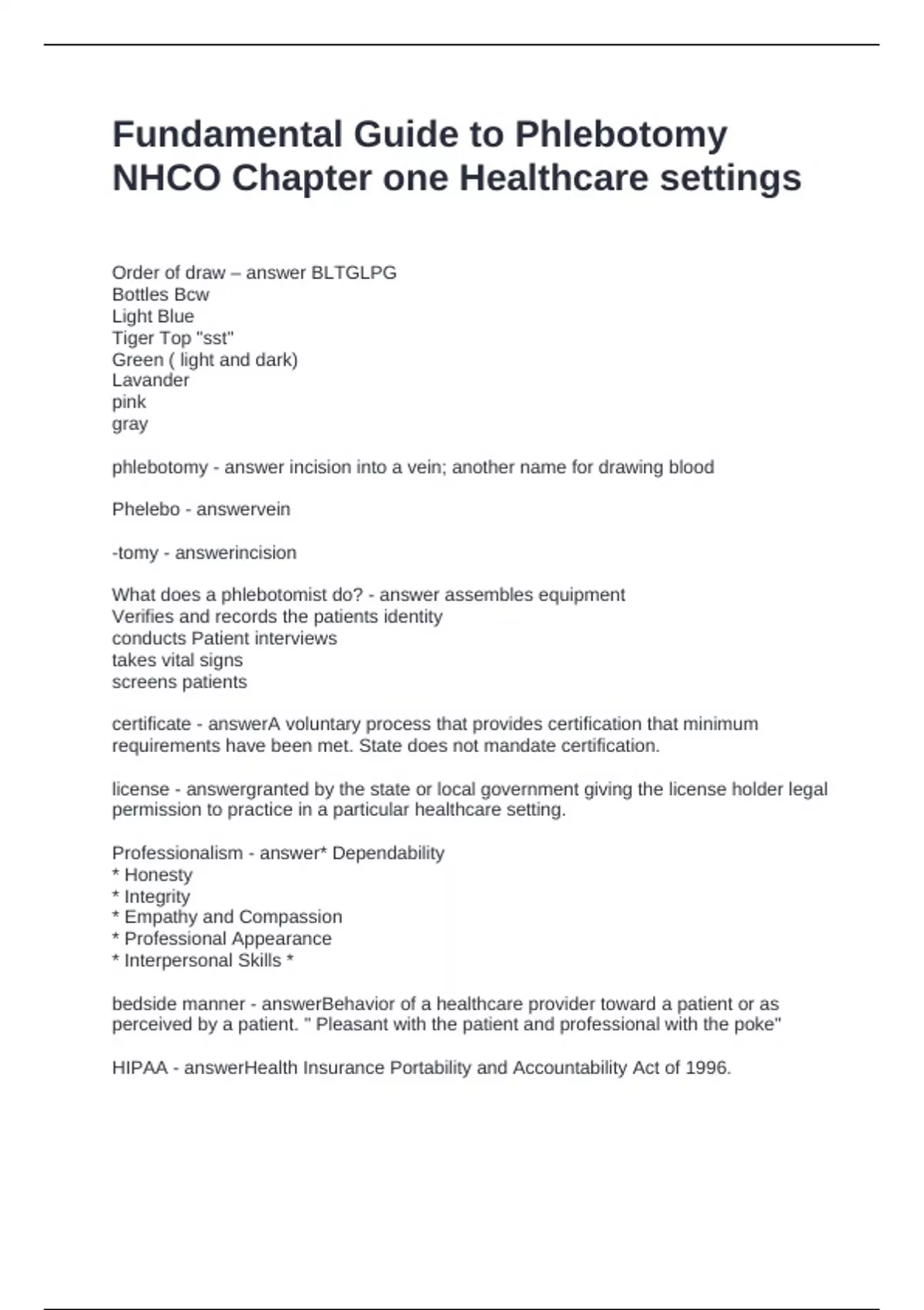 Fundamental Guide to Phlebotomy NHCO Chapter one Healthcare settings ...