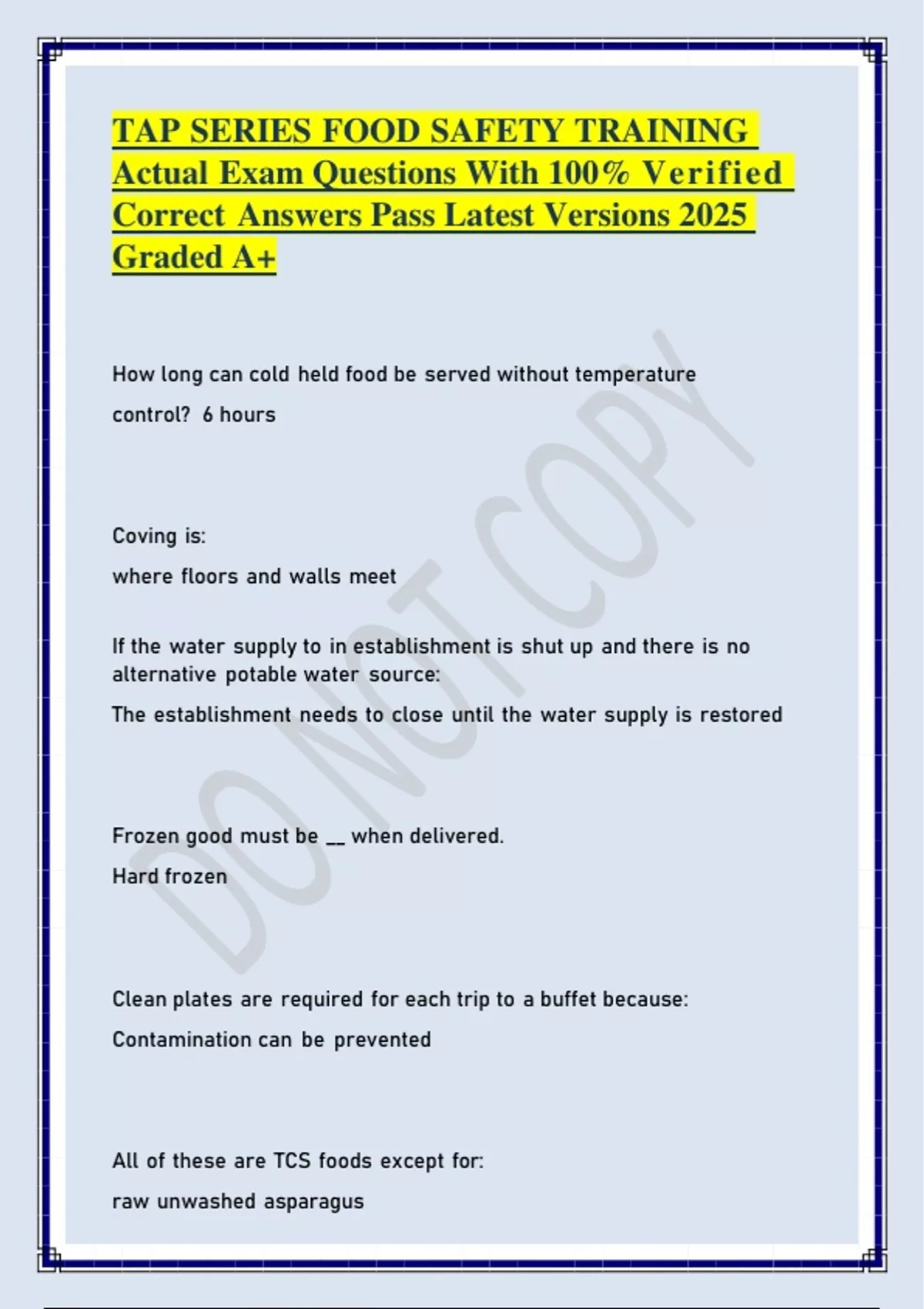 TAP SERIES FOOD SAFETY TRAINING Actual Exam Questions With 100% ...