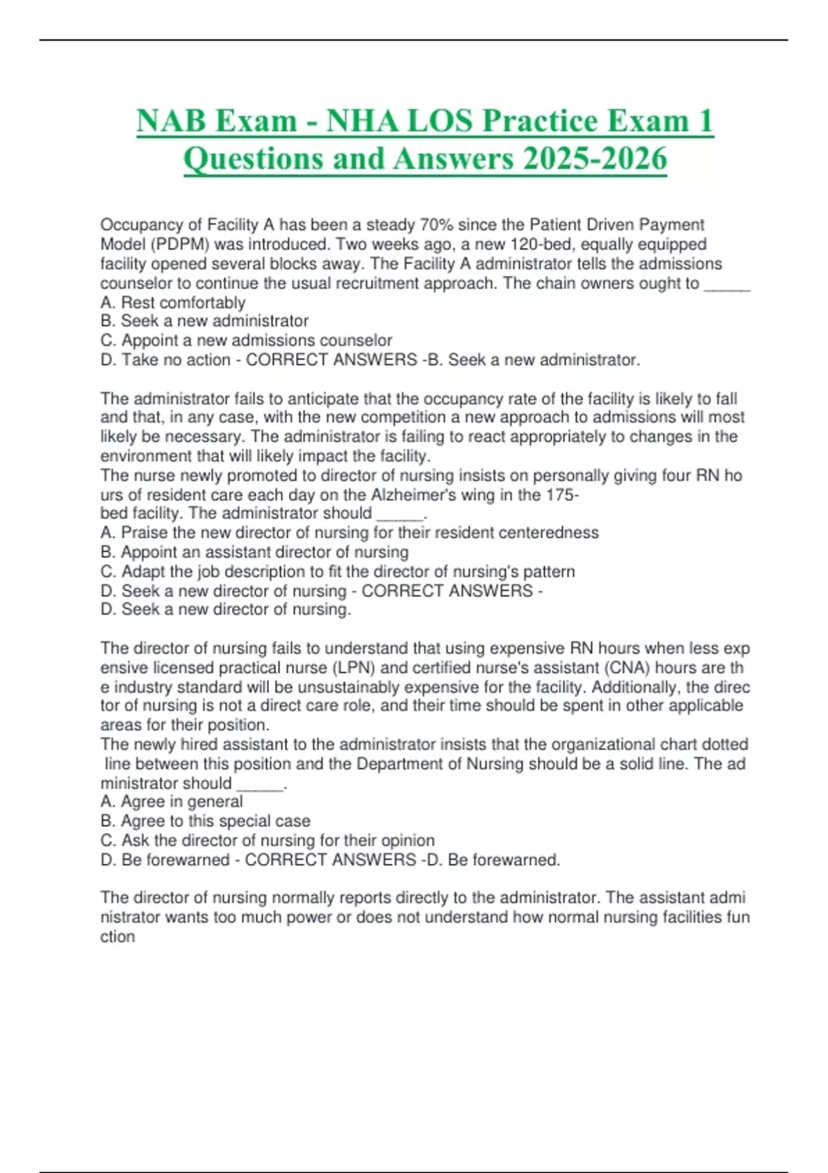 NAB Exam - NHA LOS Practice Exam 1 Questions and Answers - Official NHA ...