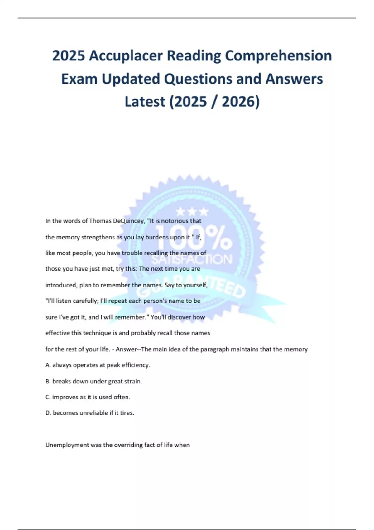 Accuplacer Reading Comprehension Exam Updated Questions and Answers ...