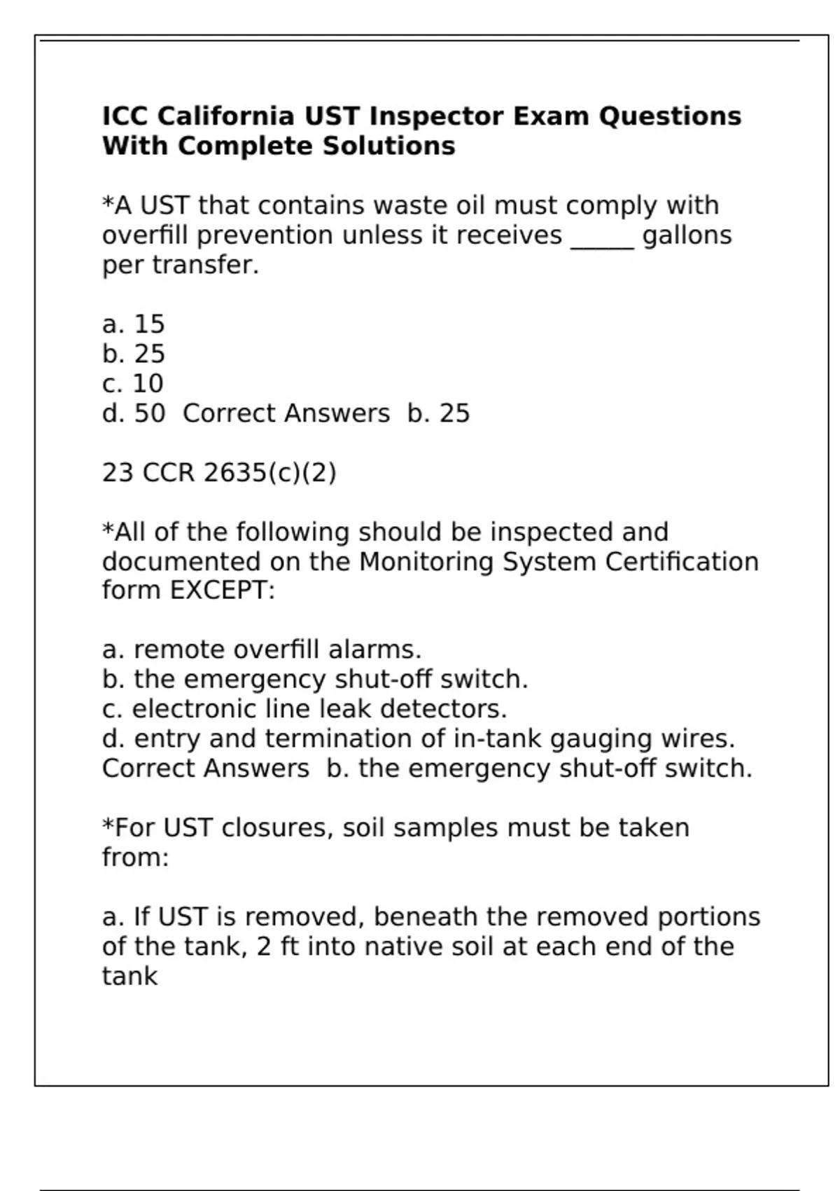 ICC California UST Inspector Exam Questions With Complete Solutions - ICC - Stuvia US