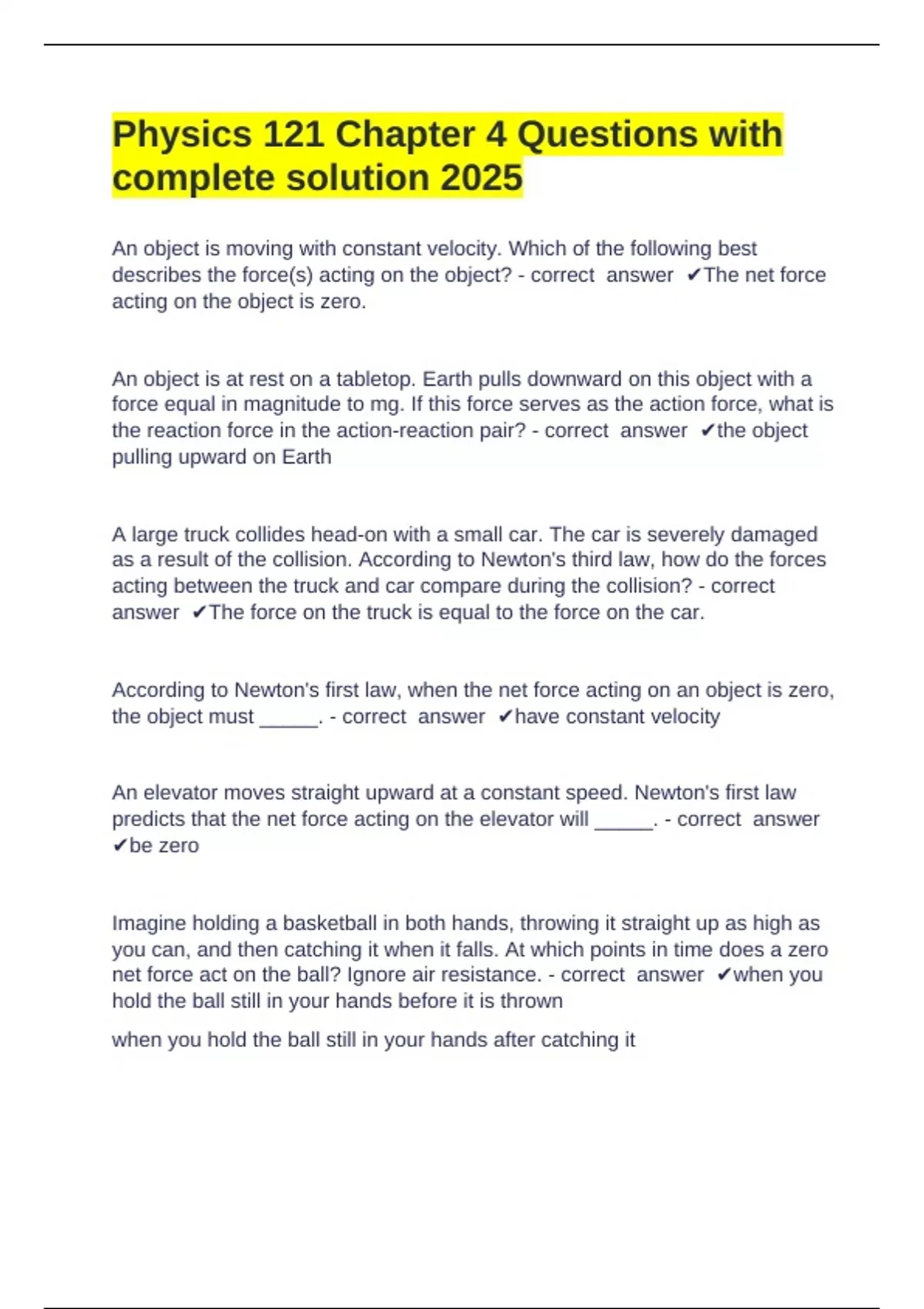 Physics 121 Chapter 4 Questions with complete solution 2025 - Physics ...