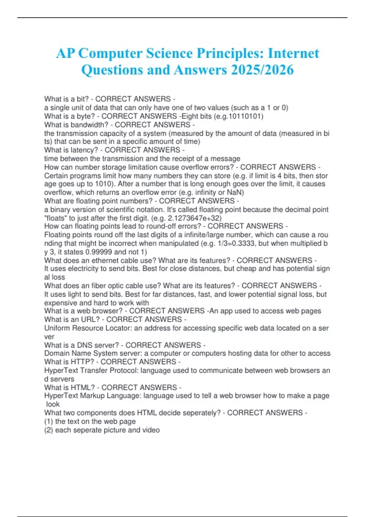 AP Computer Science Principles: Internet Questions and Answers 2025/ ...