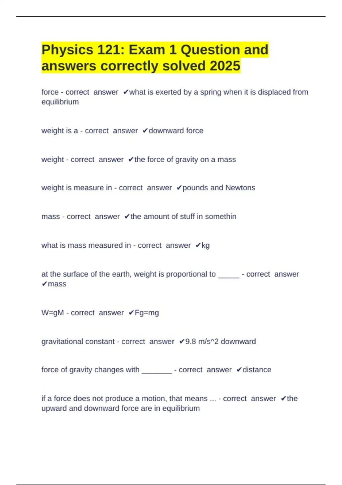 Physics 121: Exam 1 Question and answers correctly solved 2025 ...