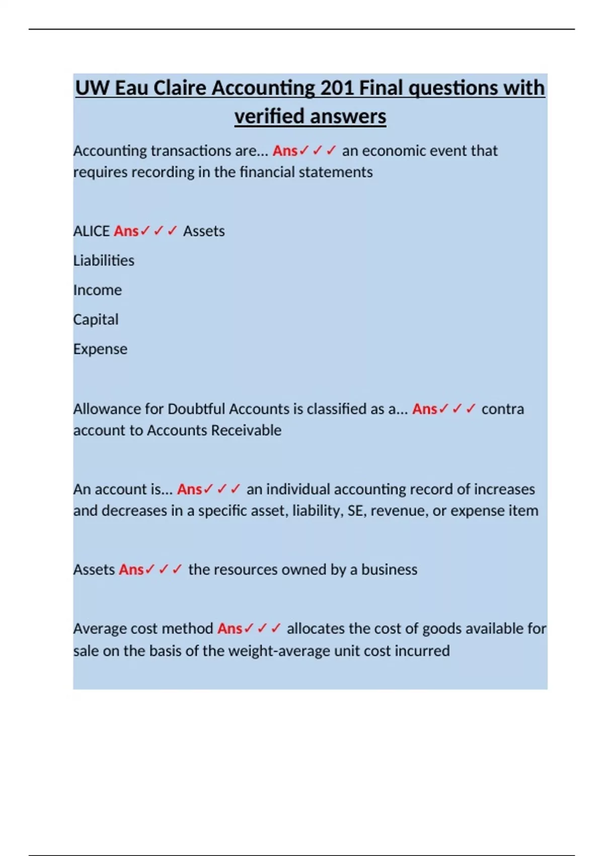 Accounting 201 – University of Wisconsin-Eau Claire – Final Exam Questions with Verified Answers ...