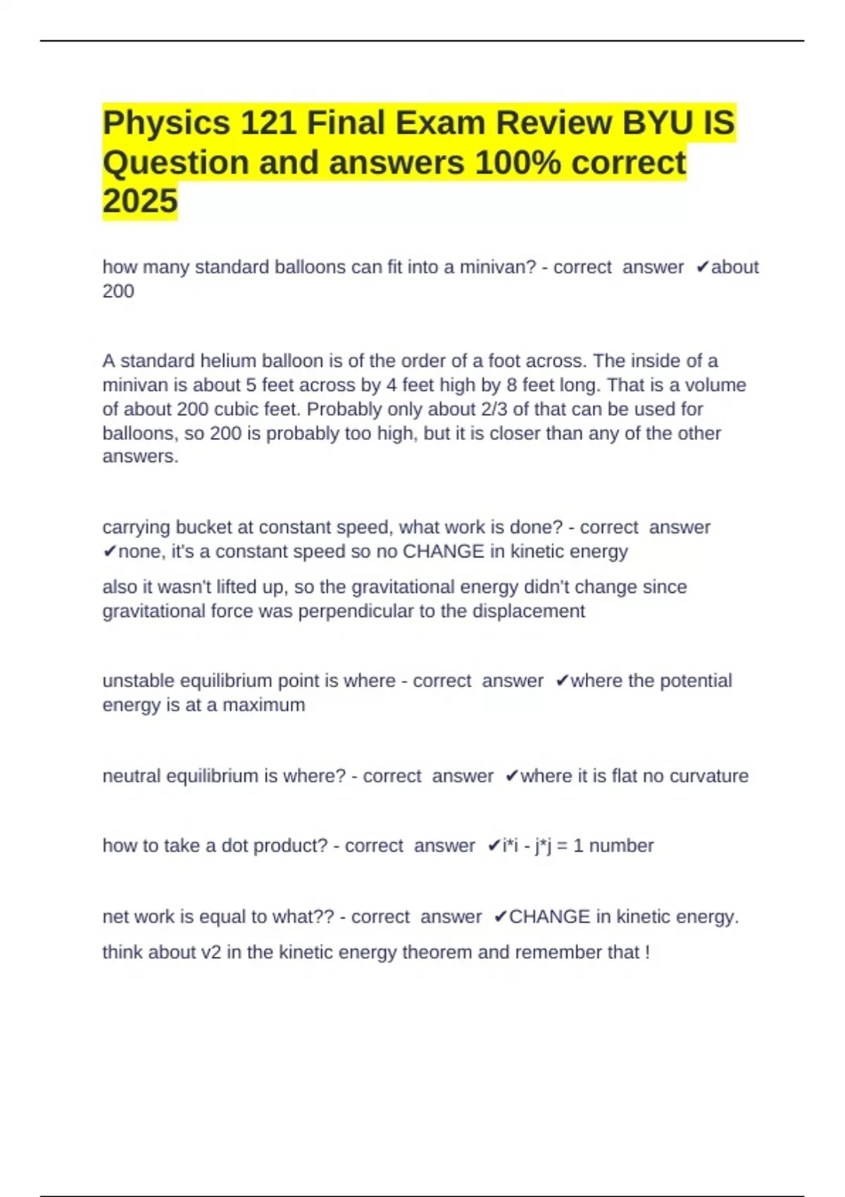 Physics 121 Final Exam Review BYU IS Question and answers 100% correct 2025 - Physics 121 ...