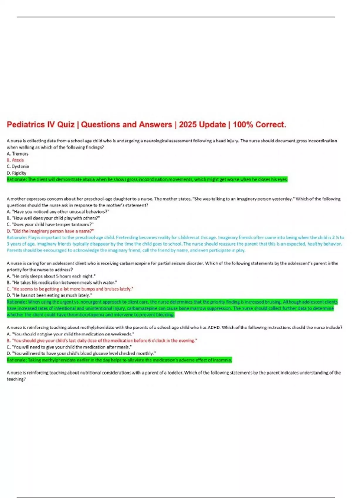 Pediatrics IV Quiz | Questions and Answers | 2025 Update | 100% Correct ...