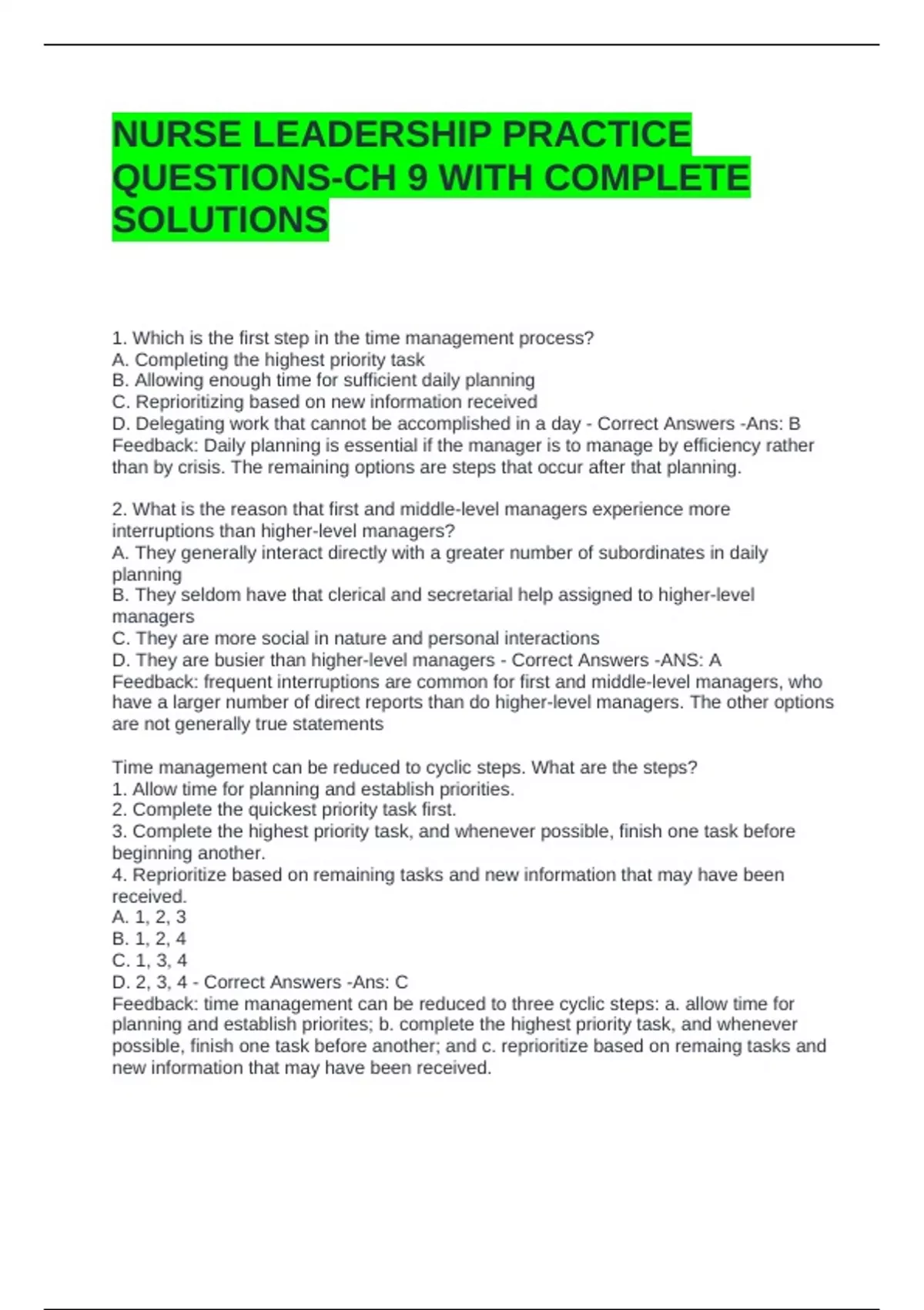 NURSE LEADERSHIP PRACTICE QUESTIONS-CH 9 WITH COMPLETE SOLUTIONS ...