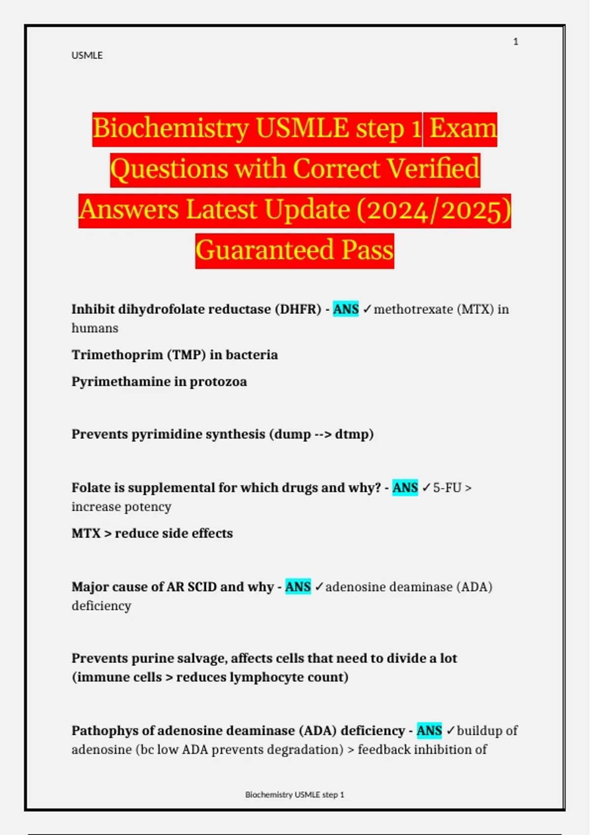 Biochemistry Usmle Step 1 Exam Questions With Correct Verified Answers Latest Update 2024 2025