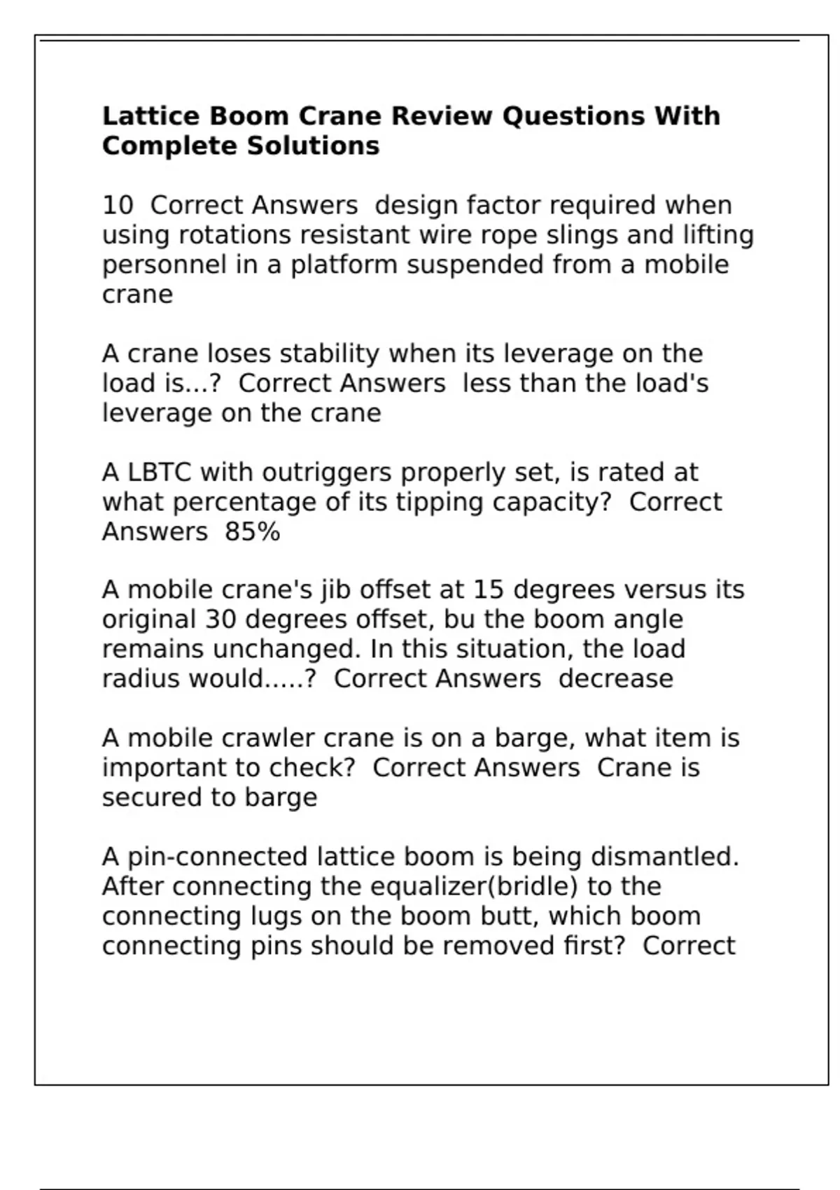 Lattice Boom Crane Review Questions With Complete Solutions - Lattice ...