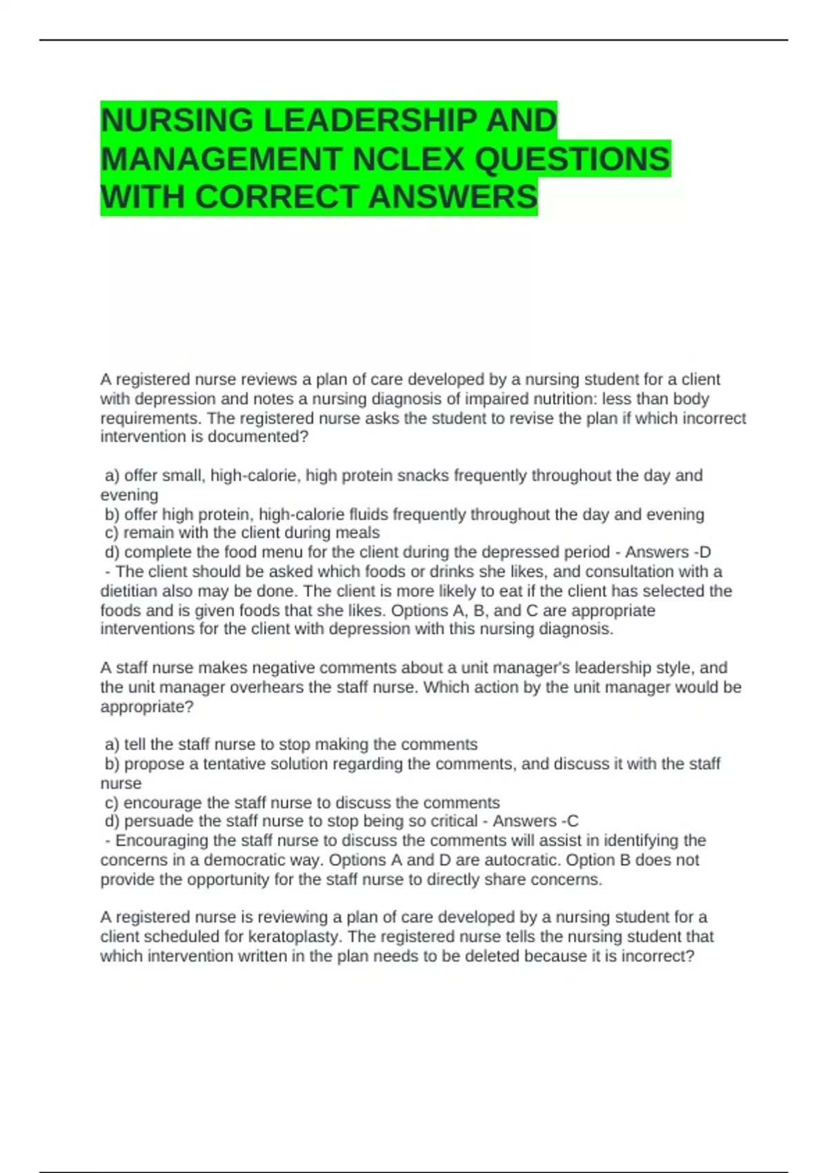 NURSING LEADERSHIP AND MANAGEMENT NCLEX QUESTIONS WITH CORRECT ANSWERS ...