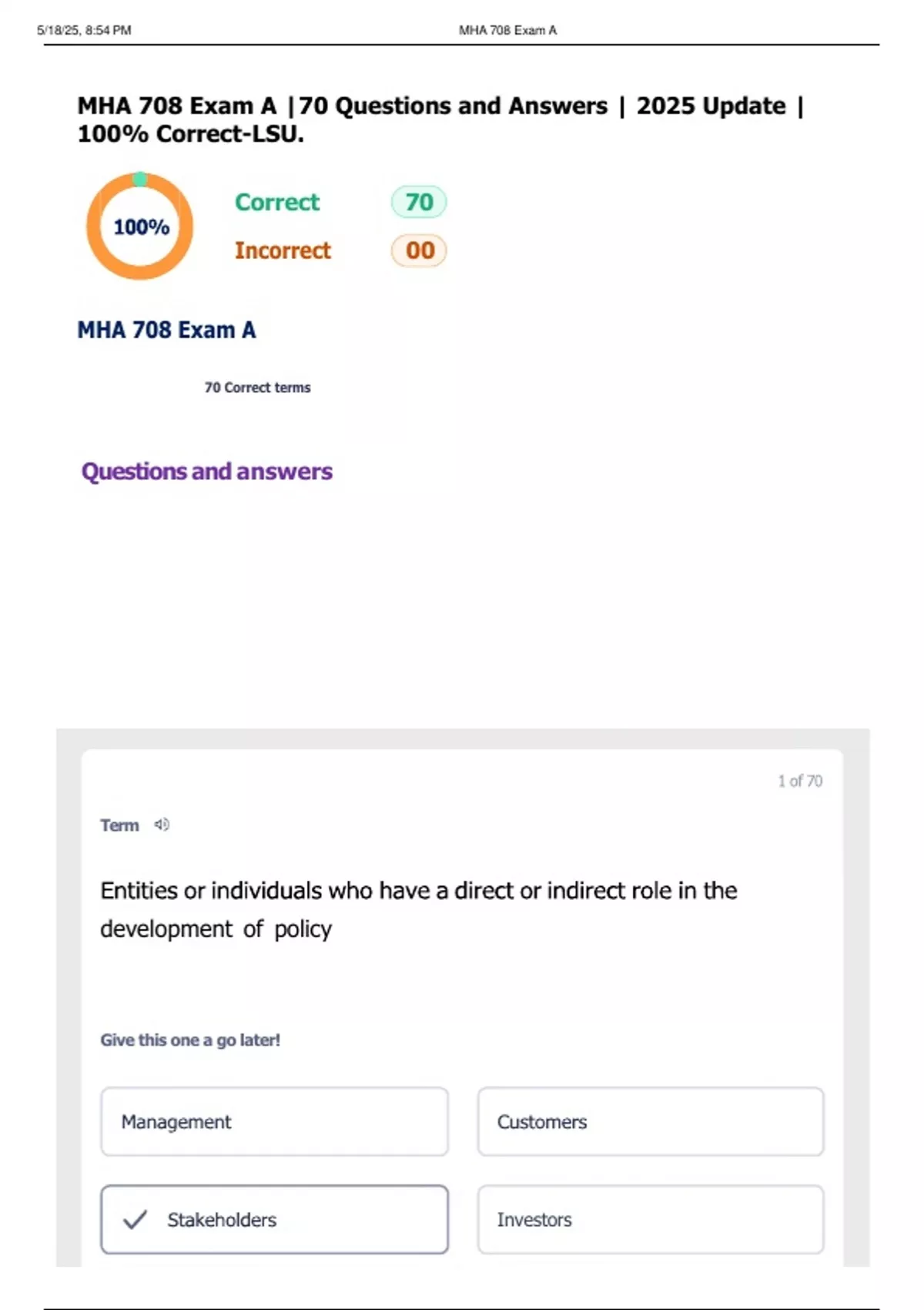 MHA 708 Exam A |70 Questions and Answers | 2025 Update | 100% Correct ...