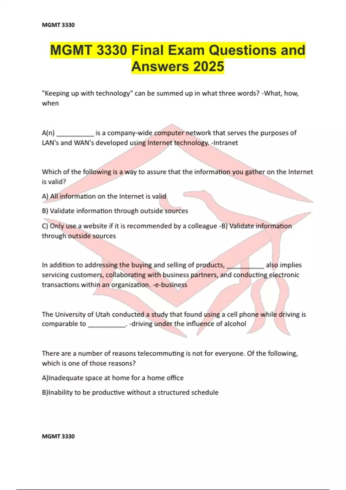 MGMT 3330 Final Exam Questions and Answers 2025 - MGMT 3330 - Stuvia US