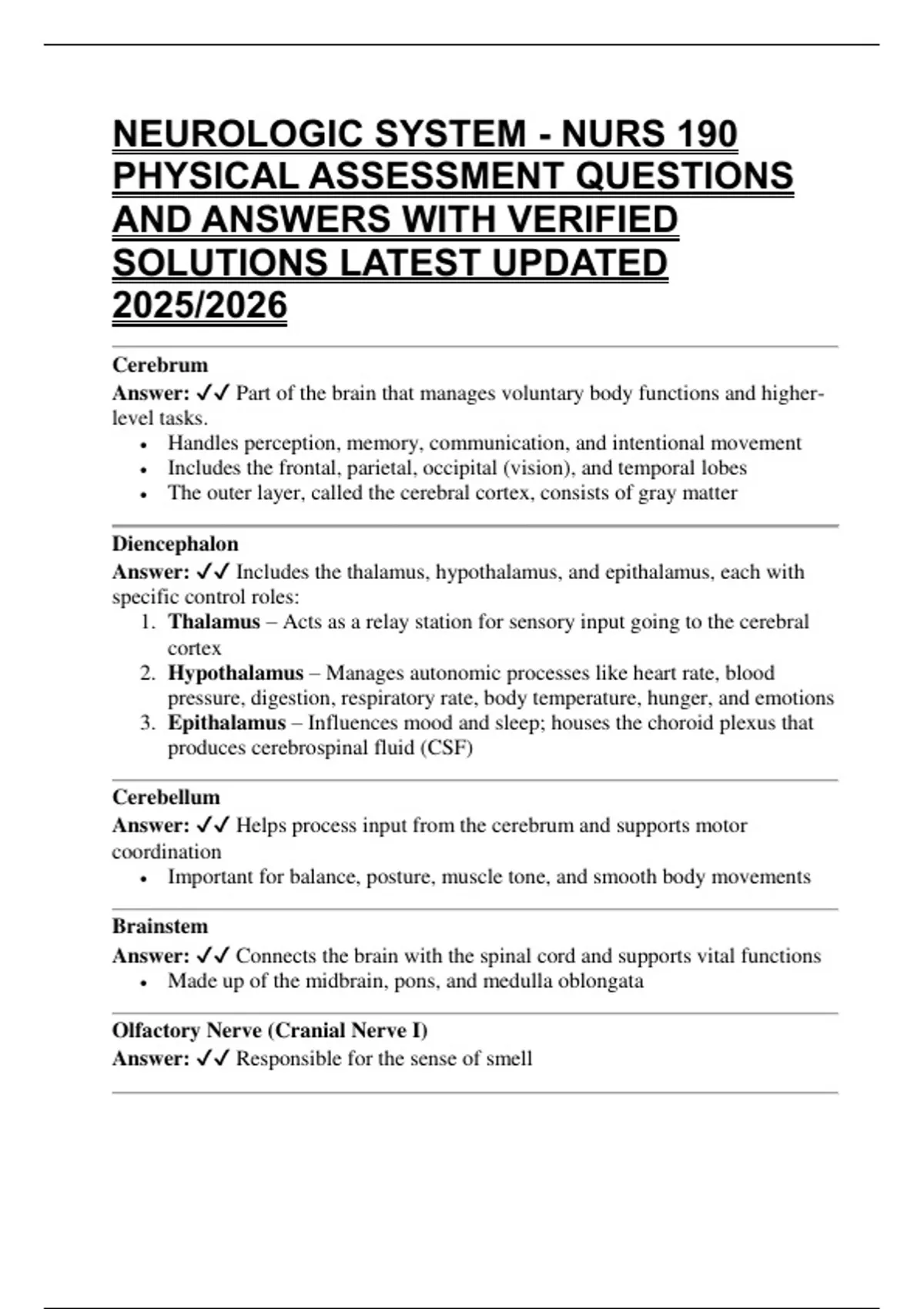 NEUROLOGIC SYSTEM - NURS 190 PHYSICAL ASSESSMENT QUESTIONS AND ANSWERS WITH VERIFIED SOLUTIONS ...