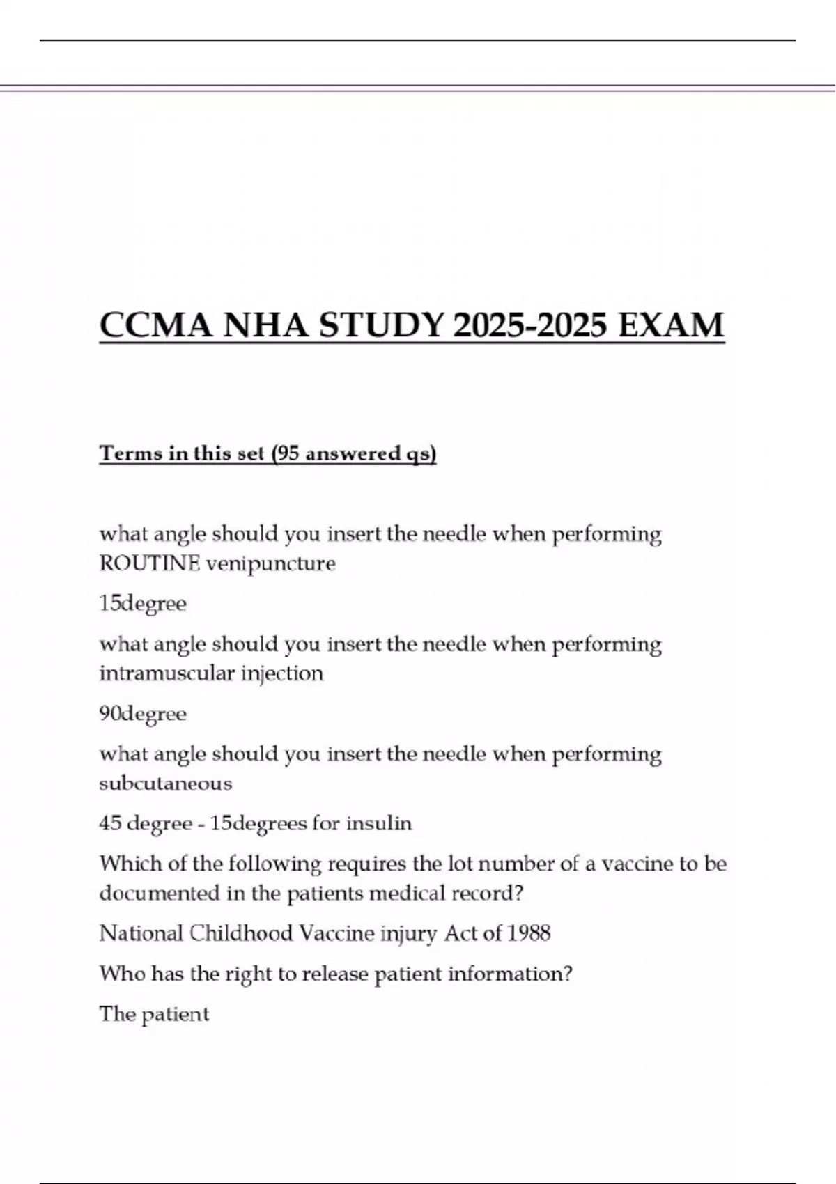 CCMA NHA STUDY EXAM - CCMA NHA - Stuvia US