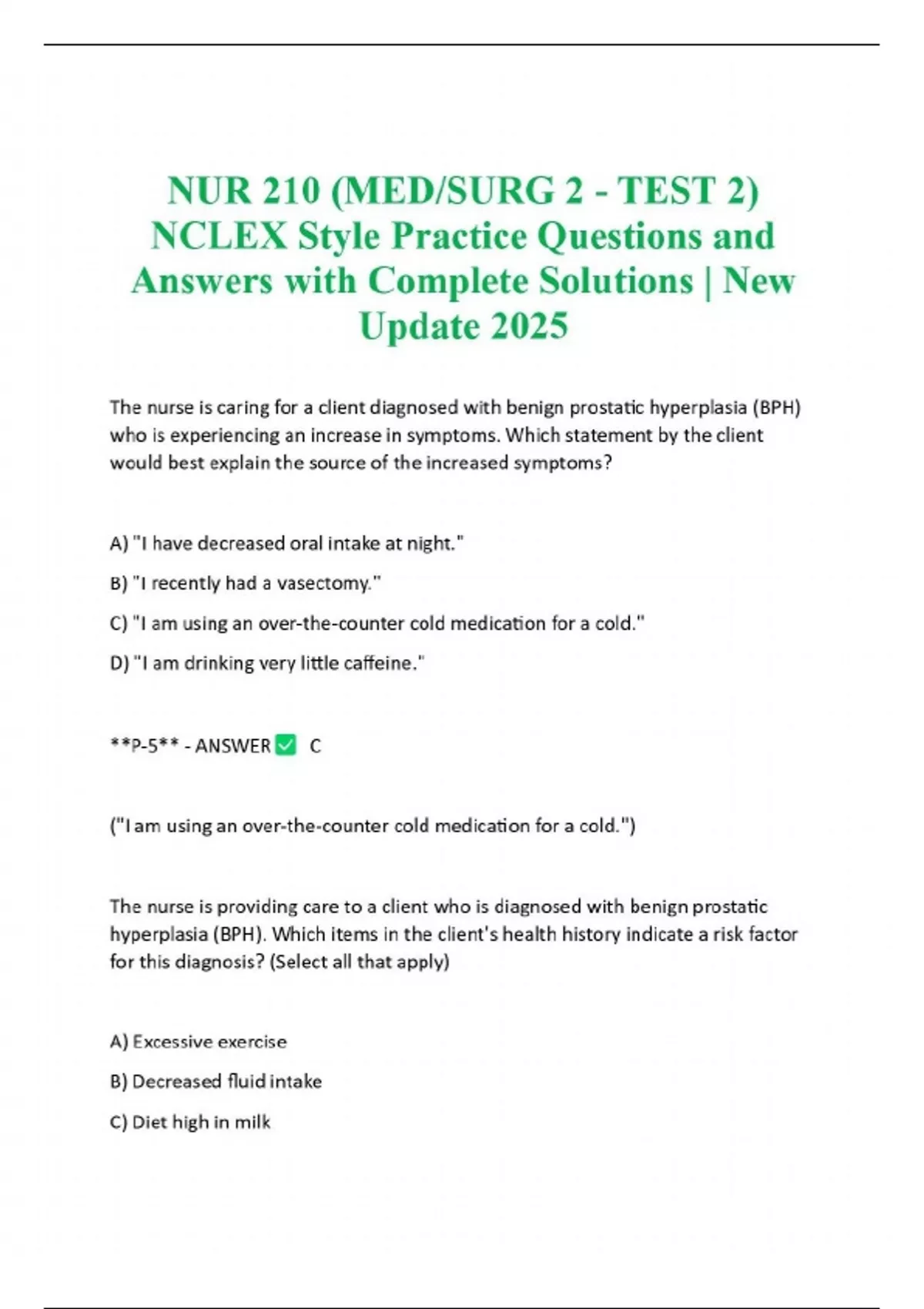 NUR 210 MED SURG 2 - TEST 2 NCLEX Style Practice Questions and Answers ...