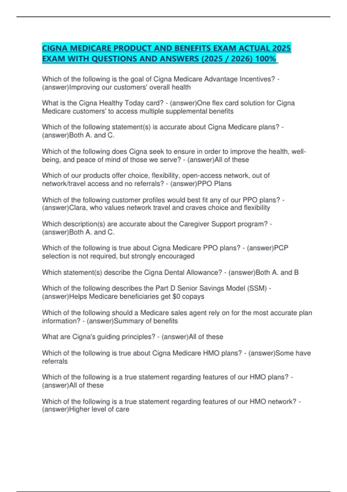 CIGNA MEDICARE PRODUCT AND BENEFITS EXAM ACTUAL 2025 EXAM WITH ...