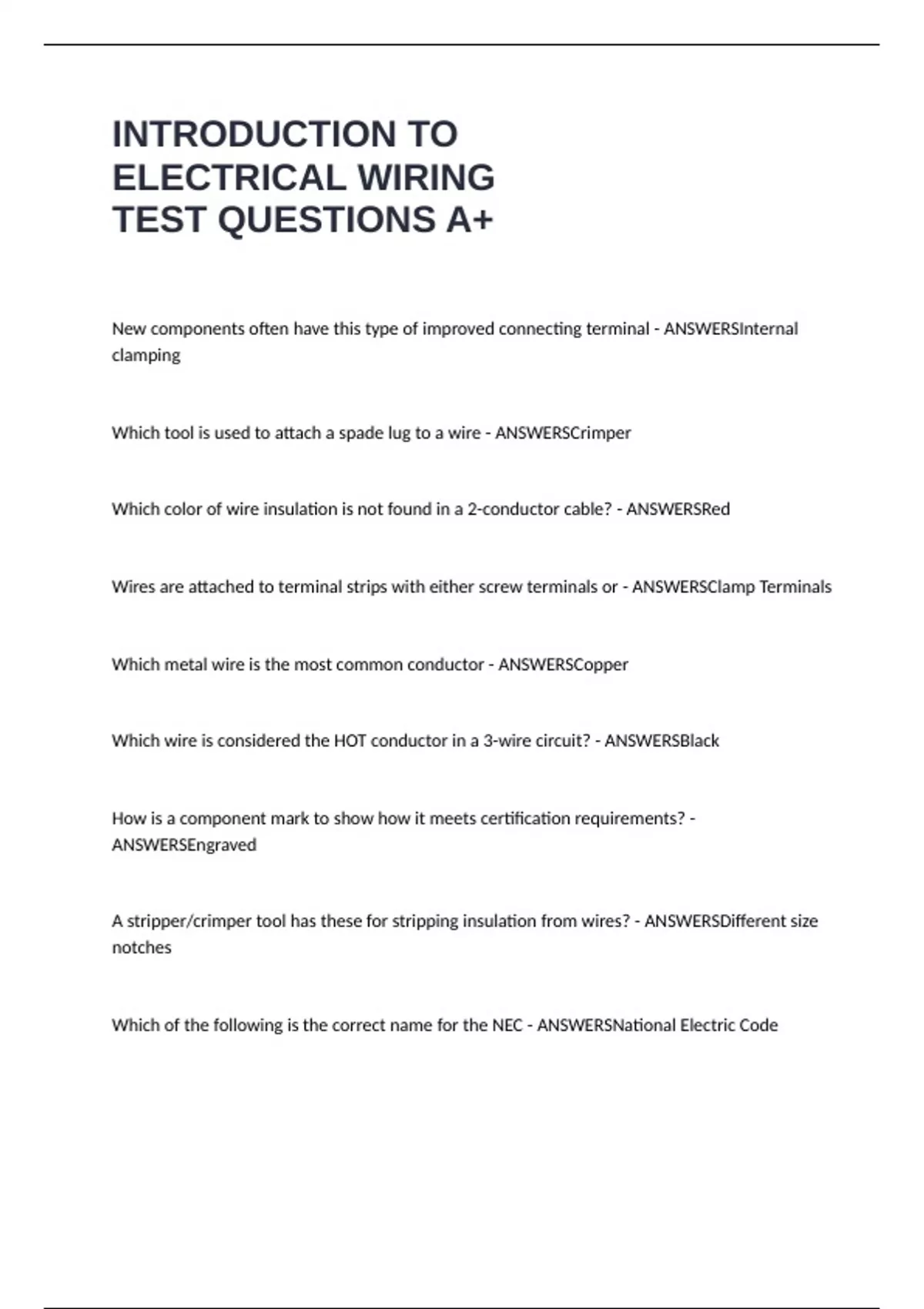 INTRODUCTION TO ELECTRICAL WIRING TEST QUESTIONS A+ - INTRODUCTION TO ...