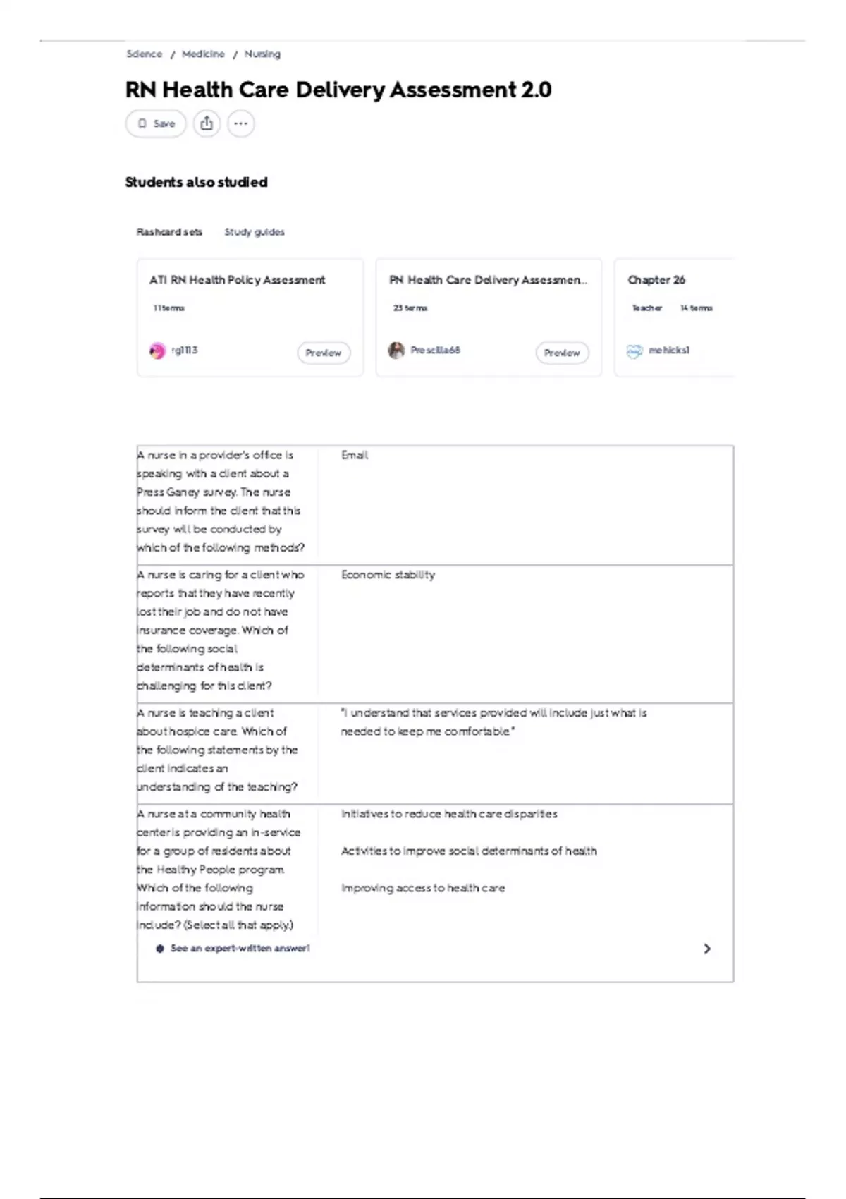 RN Health Care Delivery Assessment 2.0 QUESTIONS AND VERIFIED ANSWERS ...