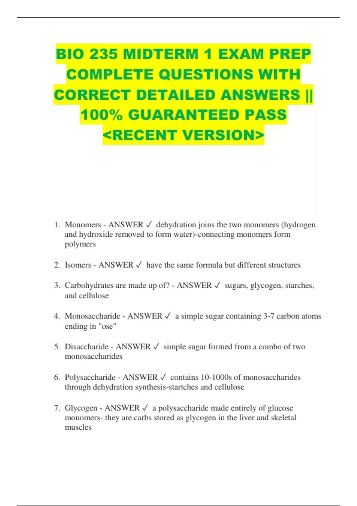 BIO 235 MIDTERM 1 EXAM PREP COMPLETE QUESTIONS WITH CORRECT DETAILED ANSWERS || 100% GUARANTEED ...