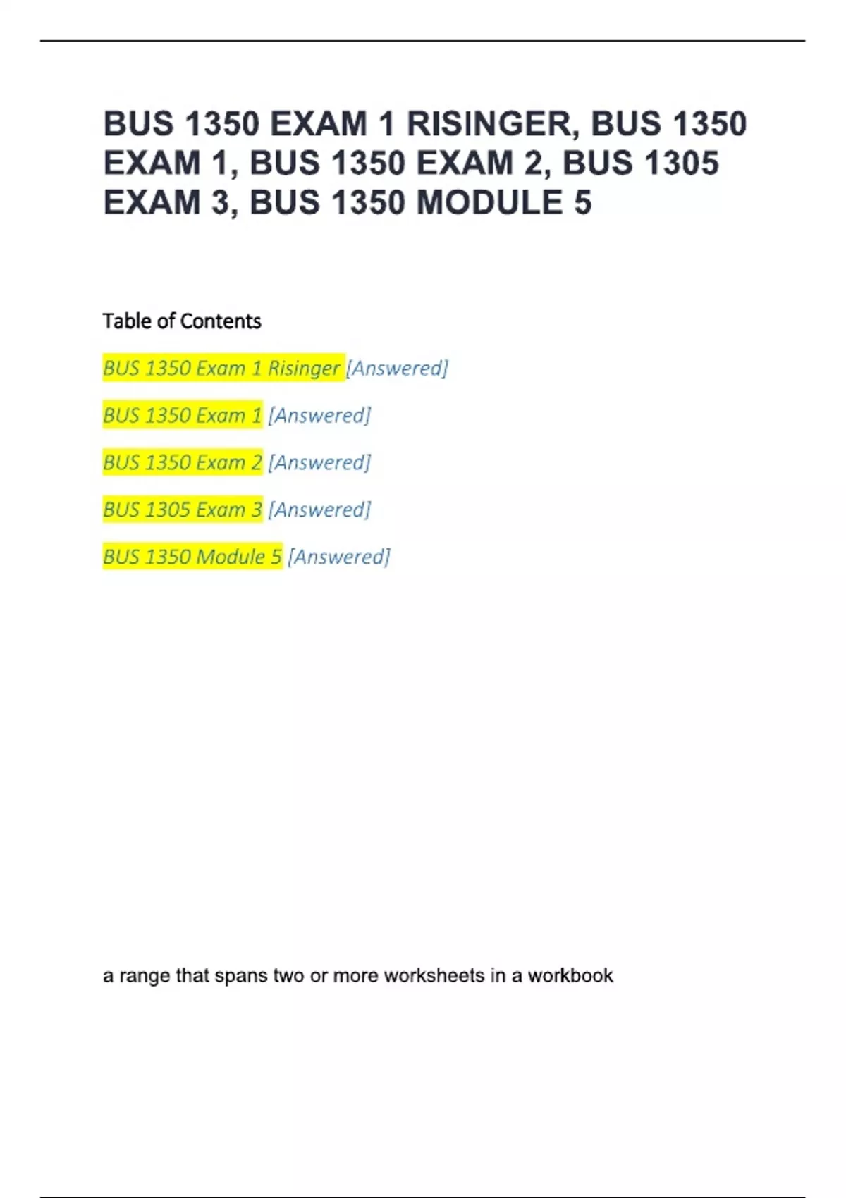 BUS 1350 EXAM 1 RISINGER, BUS 1350 EXAM 1, BUS 1350 EXAM 2, BUS 1305 EXAM 3, BUS 1350 MODULE 5 ...
