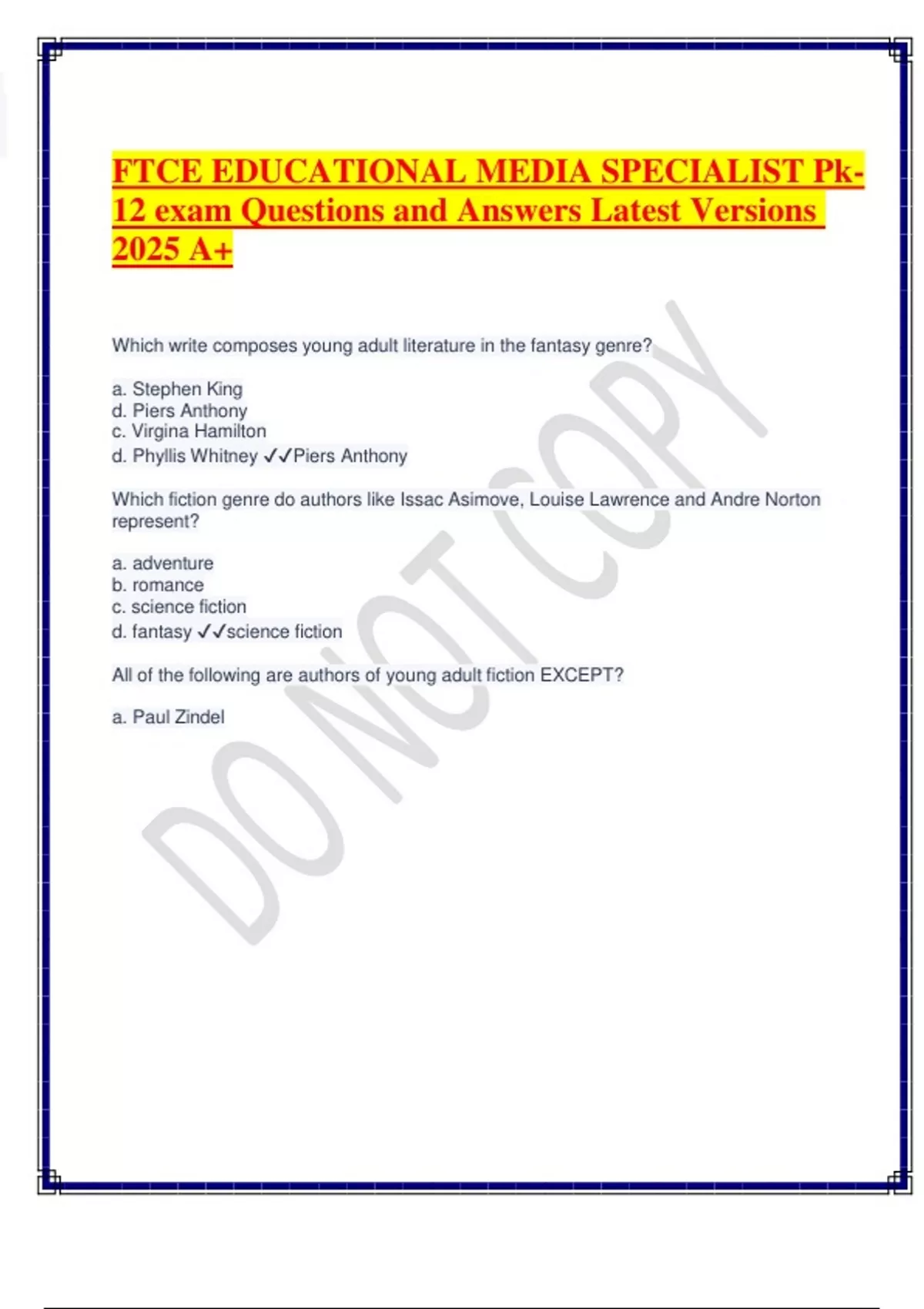FTCE EDUCATIONAL MEDIA SPECIALIST Pk-12 exam Questions and Answers ...