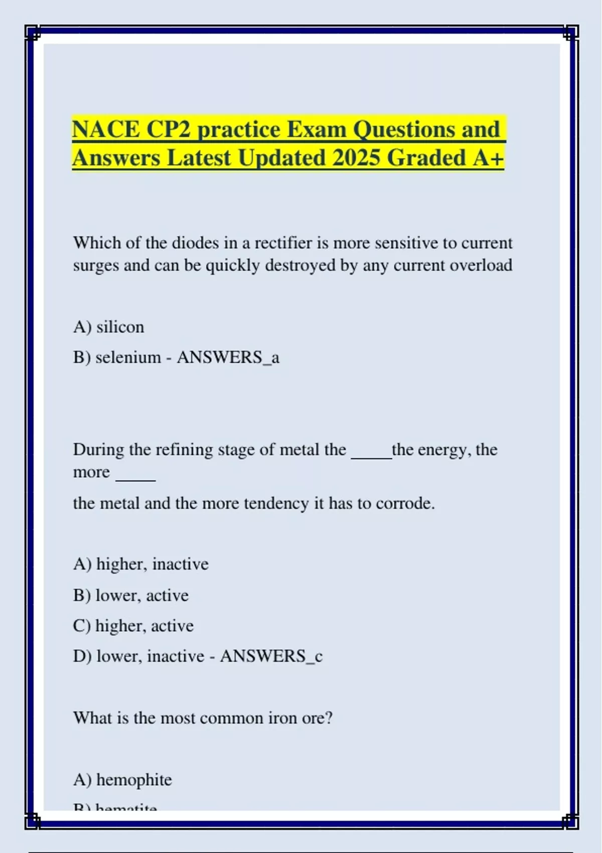 NACE CP2 practice Exam Questions and Answers Latest Updated 2025 Graded ...