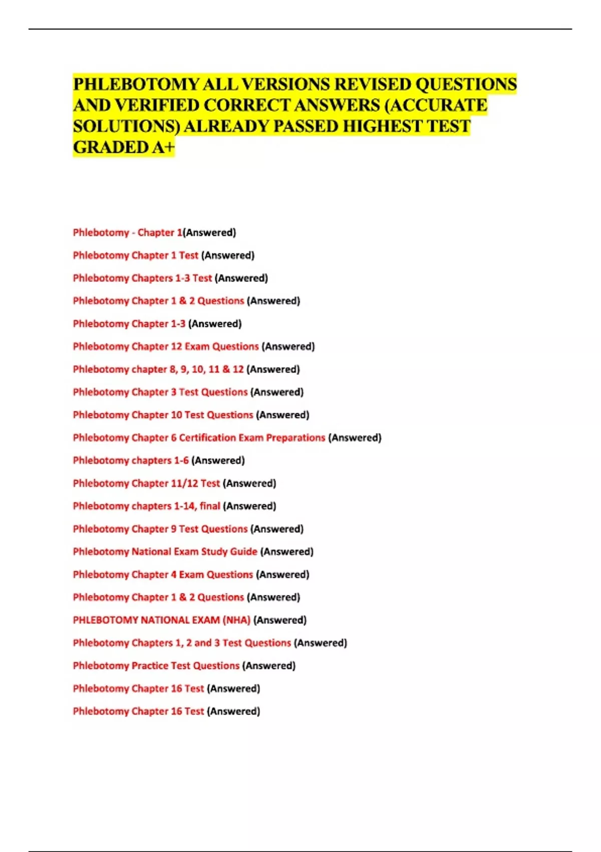 PHLEBOTOMY EXAM COMBINED ALL QUESTIONS WITH CORRECT ANSWERS 2025 ...