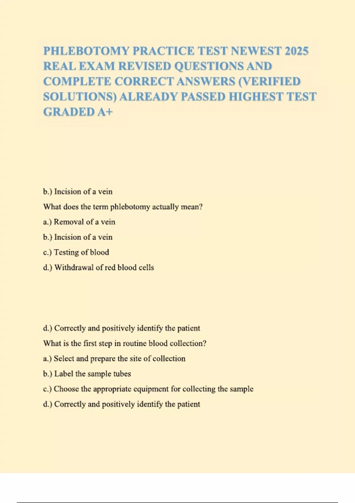 PHLEBOTOMY PRACTICE TEST QUESTIONS WITH CORRECT ANSWERS 2025 ...