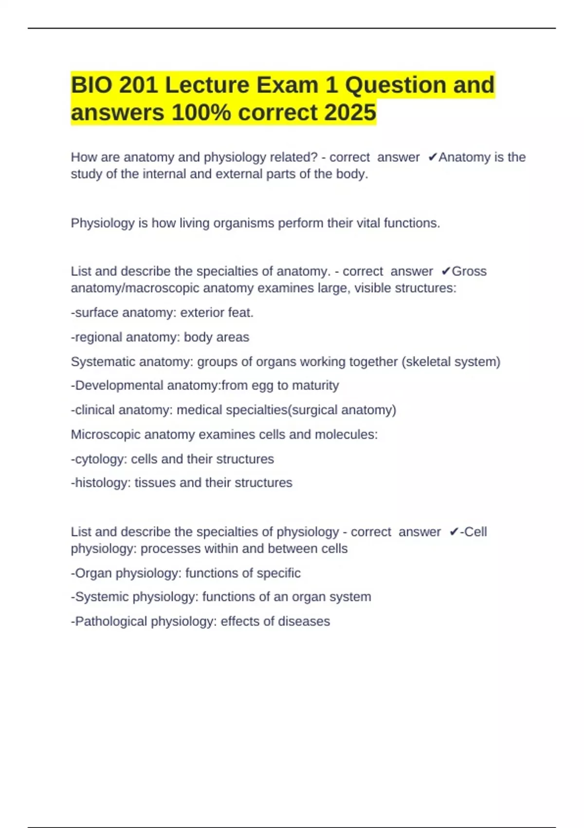 BIO 201 Lecture Exam 1 Question and answers 100% correct 2025 - BIO 201 Lecture - Stuvia US