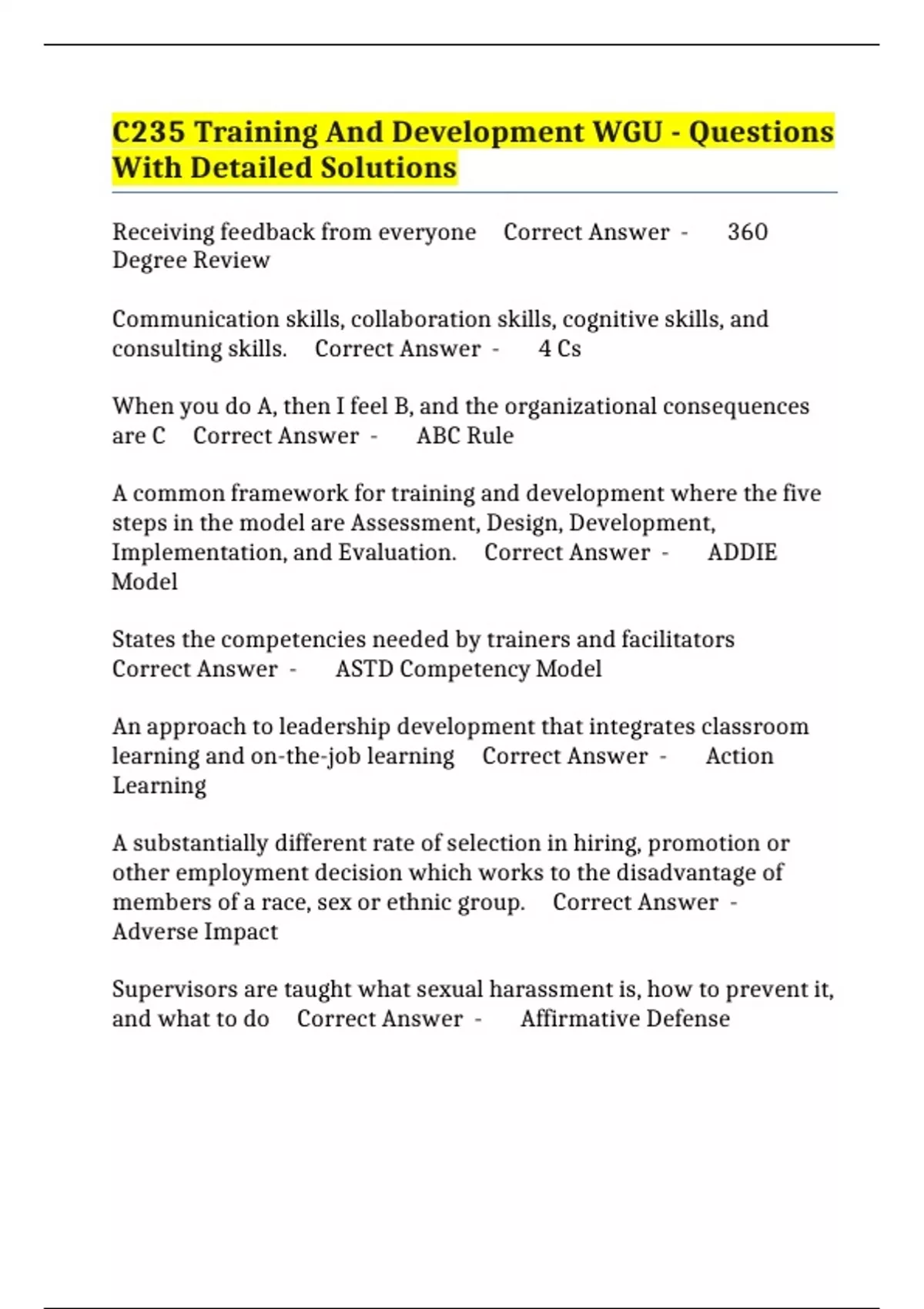 C235 Training And Development WGU - Questions With Detailed Solutions ...