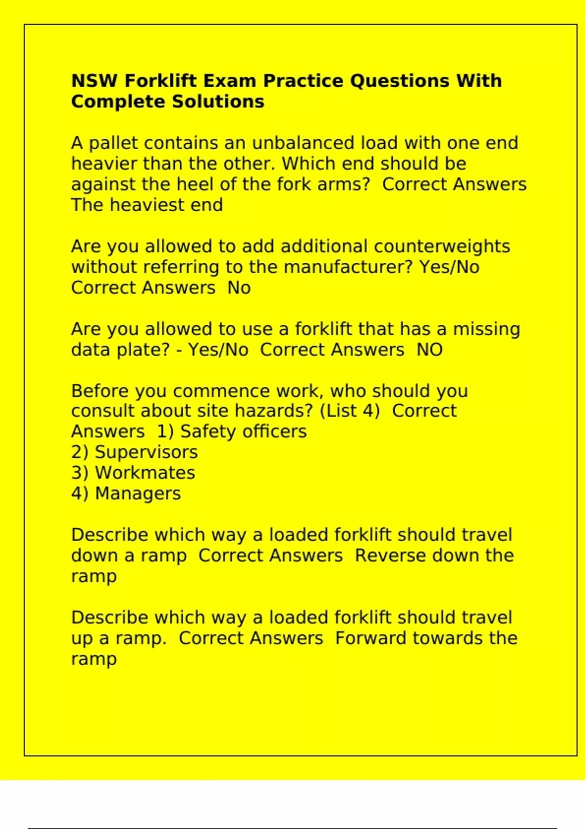 NSW Forklift Exam Practice Questions With Complete Solutions - NSW ...