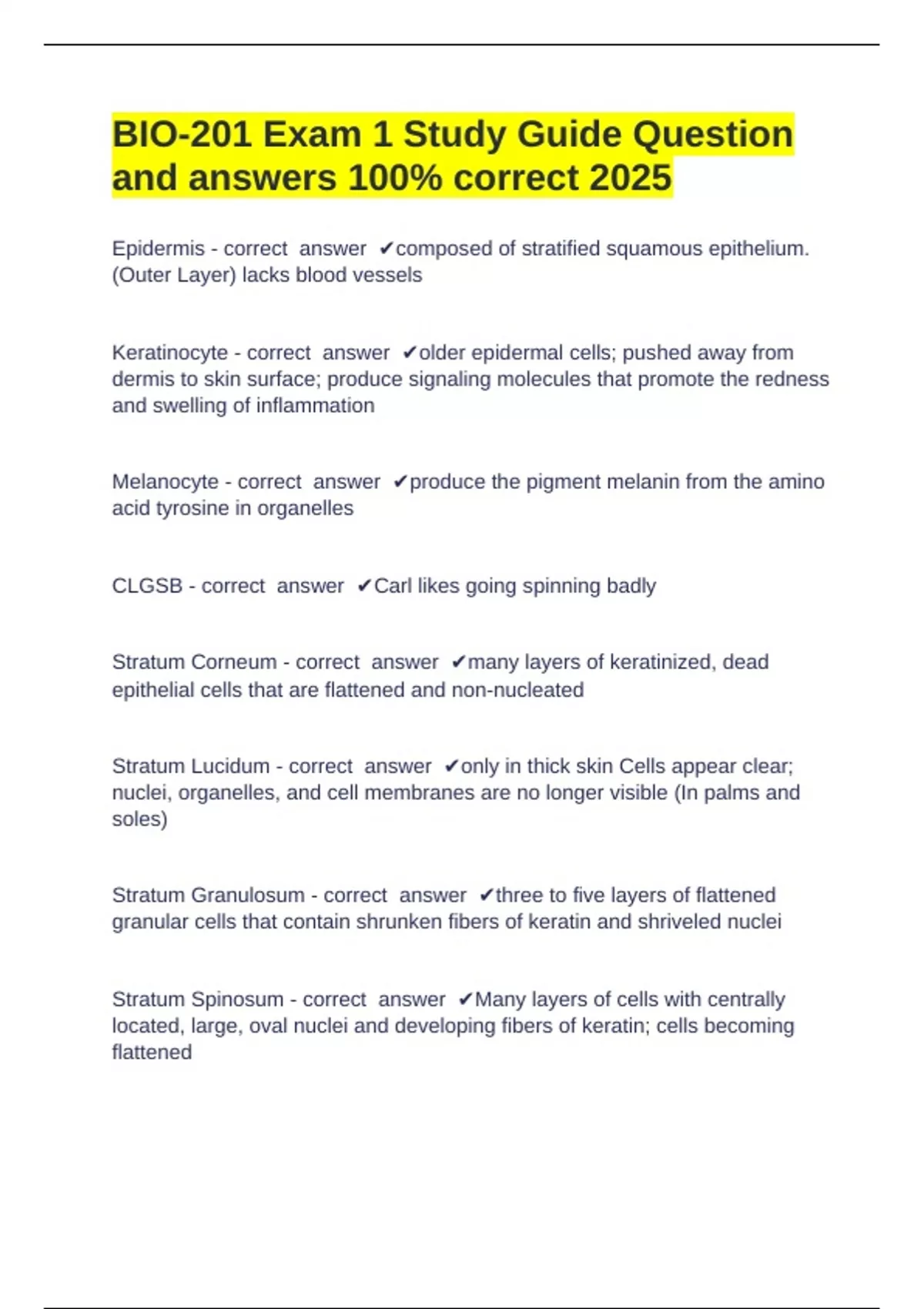 BIO-201 Exam 1 Study Guide Question and answers 100% correct 2025 - BIO-201 - Stuvia US