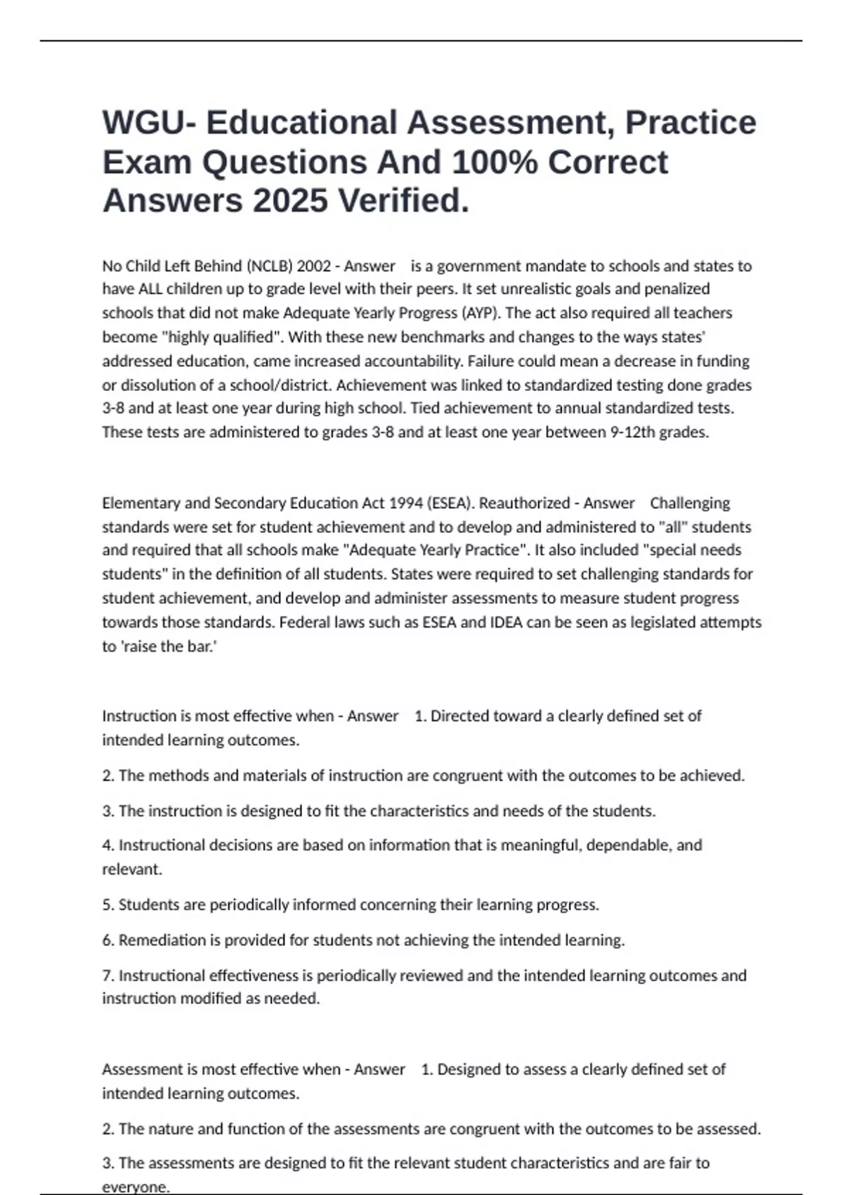 WGU- Educational Assessment, Practice Exam Questions And 100% Correct Answers 2025 Verified ...