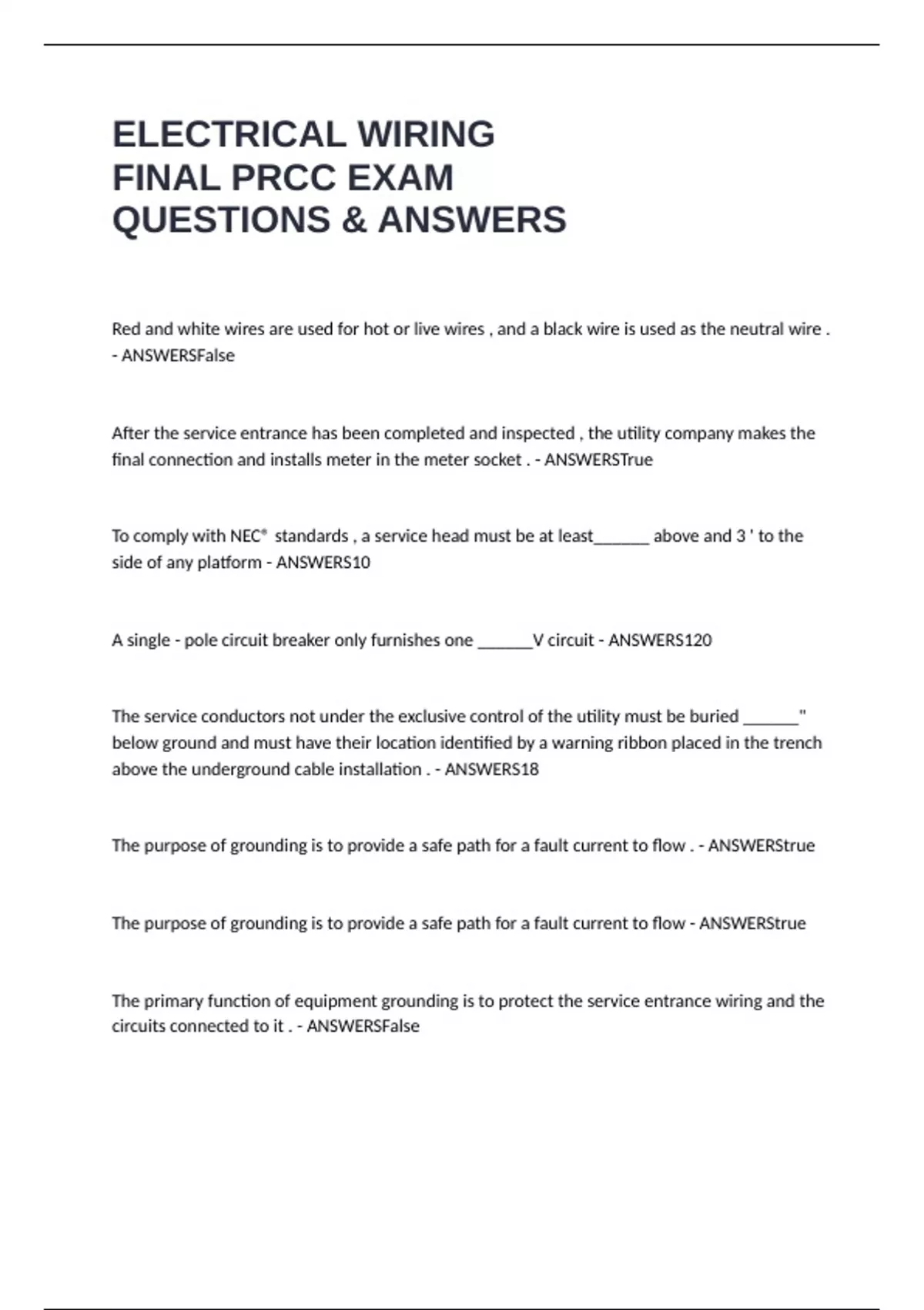 ELECTRICAL WIRING FINAL PRCC EXAM QUESTIONS & ANSWERS - ELECTRICAL ...