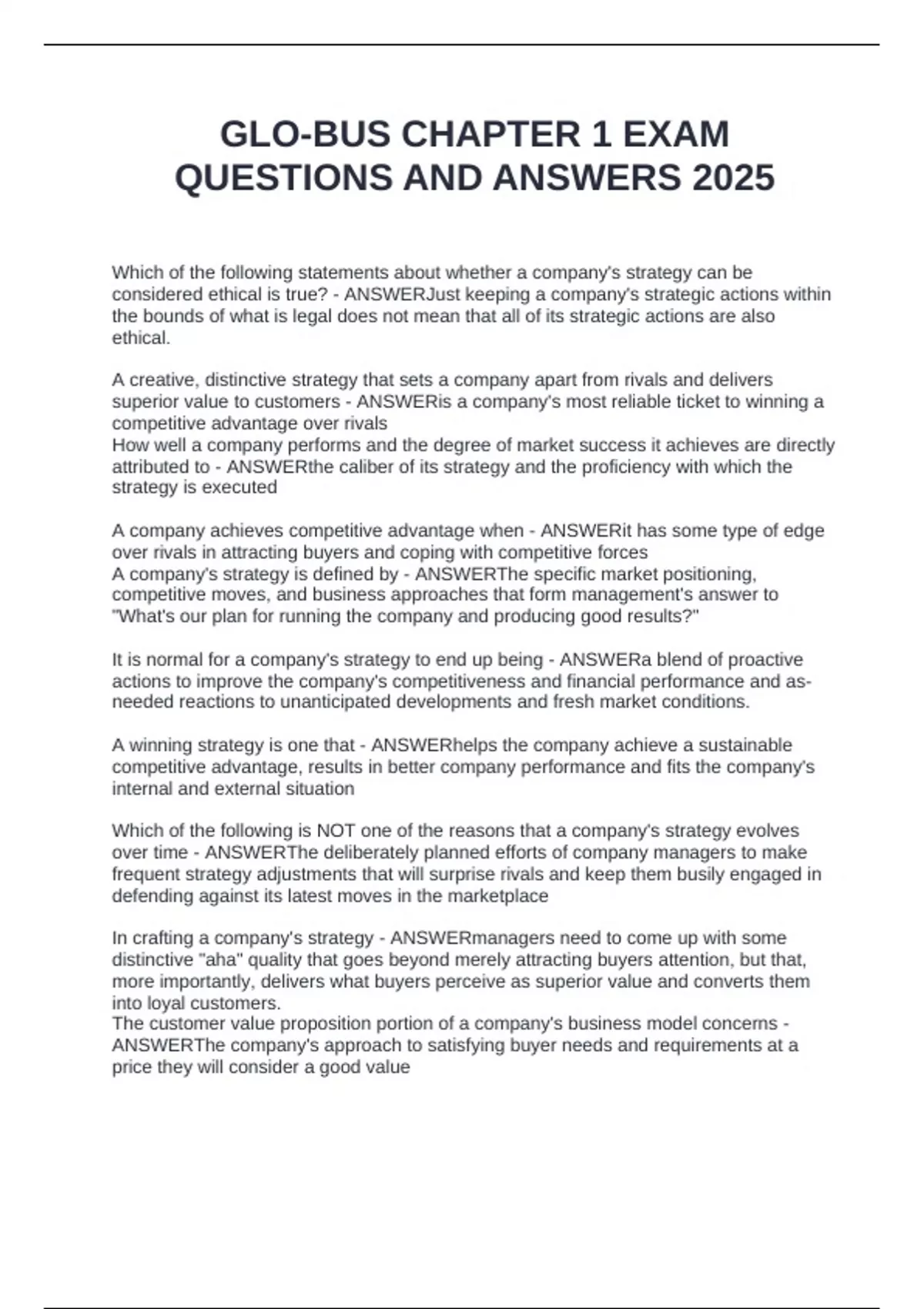 GLO-BUS CHAPTER 1 EXAM QUESTIONS AND ANSWERS 2025 - Glo-Bus - Stuvia US