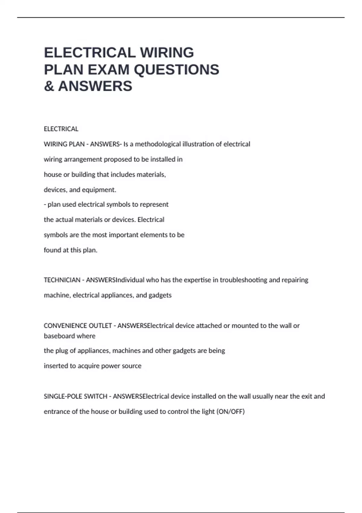 ELECTRICAL WIRING PLAN EXAM QUESTIONS & ANSWERS - ELECTRICAL WIRING ...