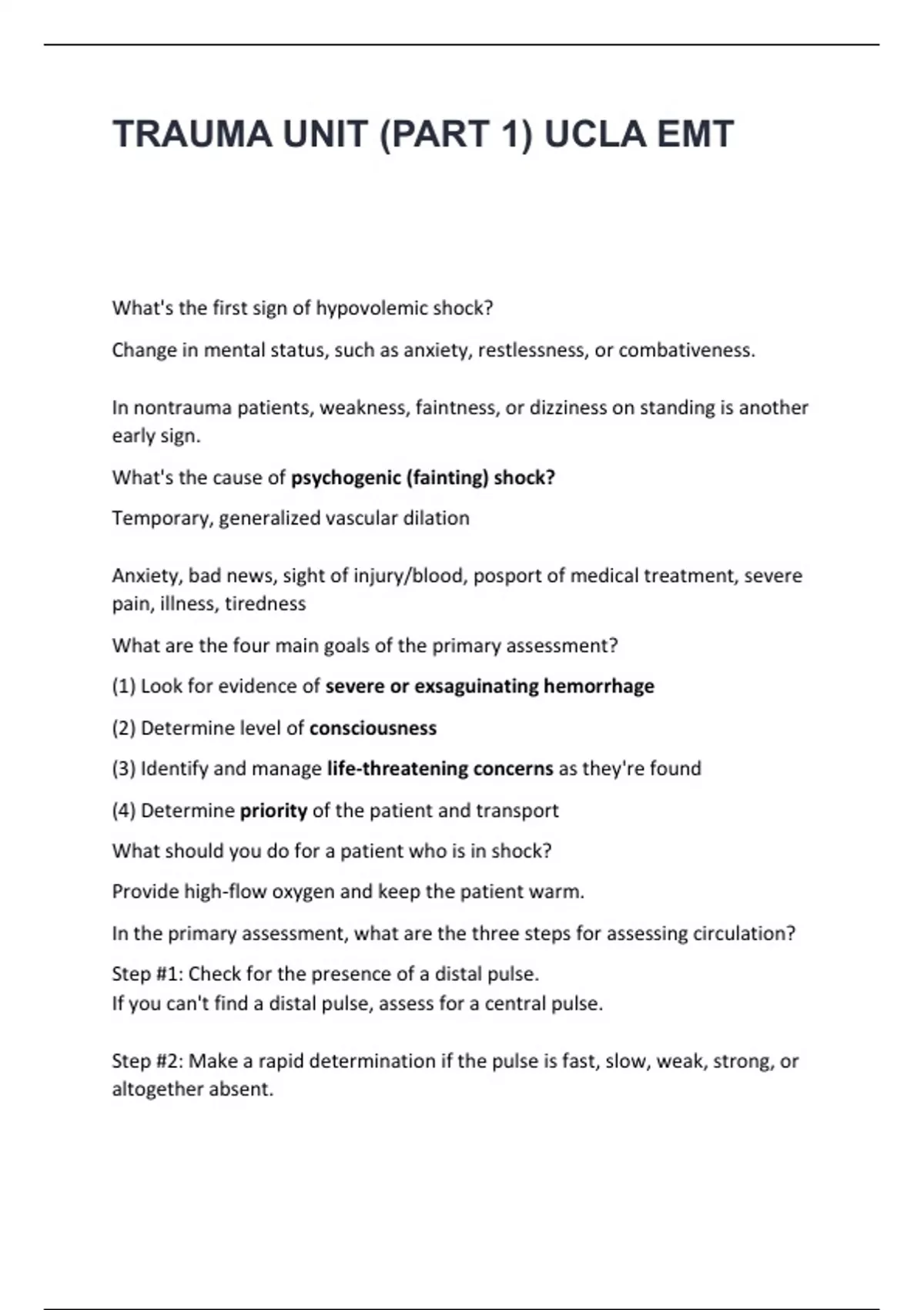 TRAUMA UNIT (PART 1) UCLA EMT QUESTIONS AND ANSWERS [100% CORRECT] 2025/2026 UPDATE RATED A+ ...