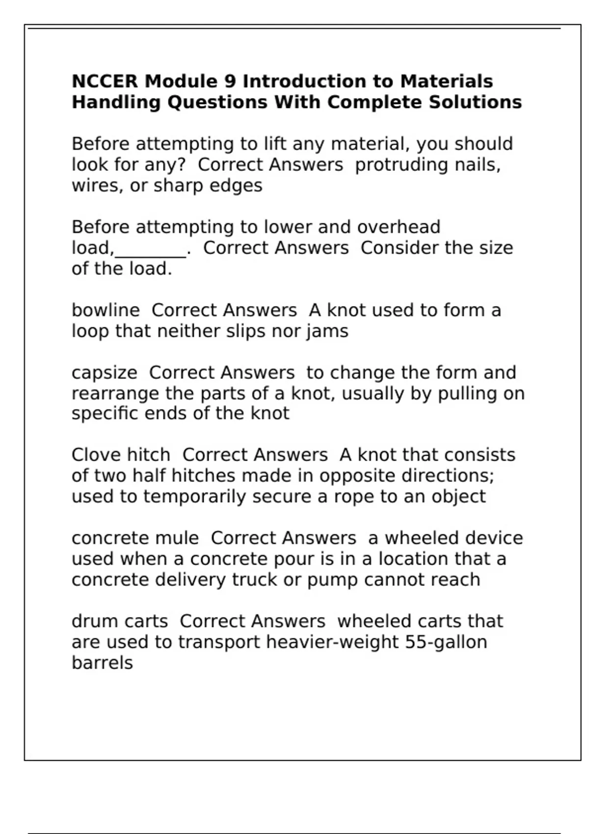 NCCER Module 9 Introduction to Materials Handling Questions With ...