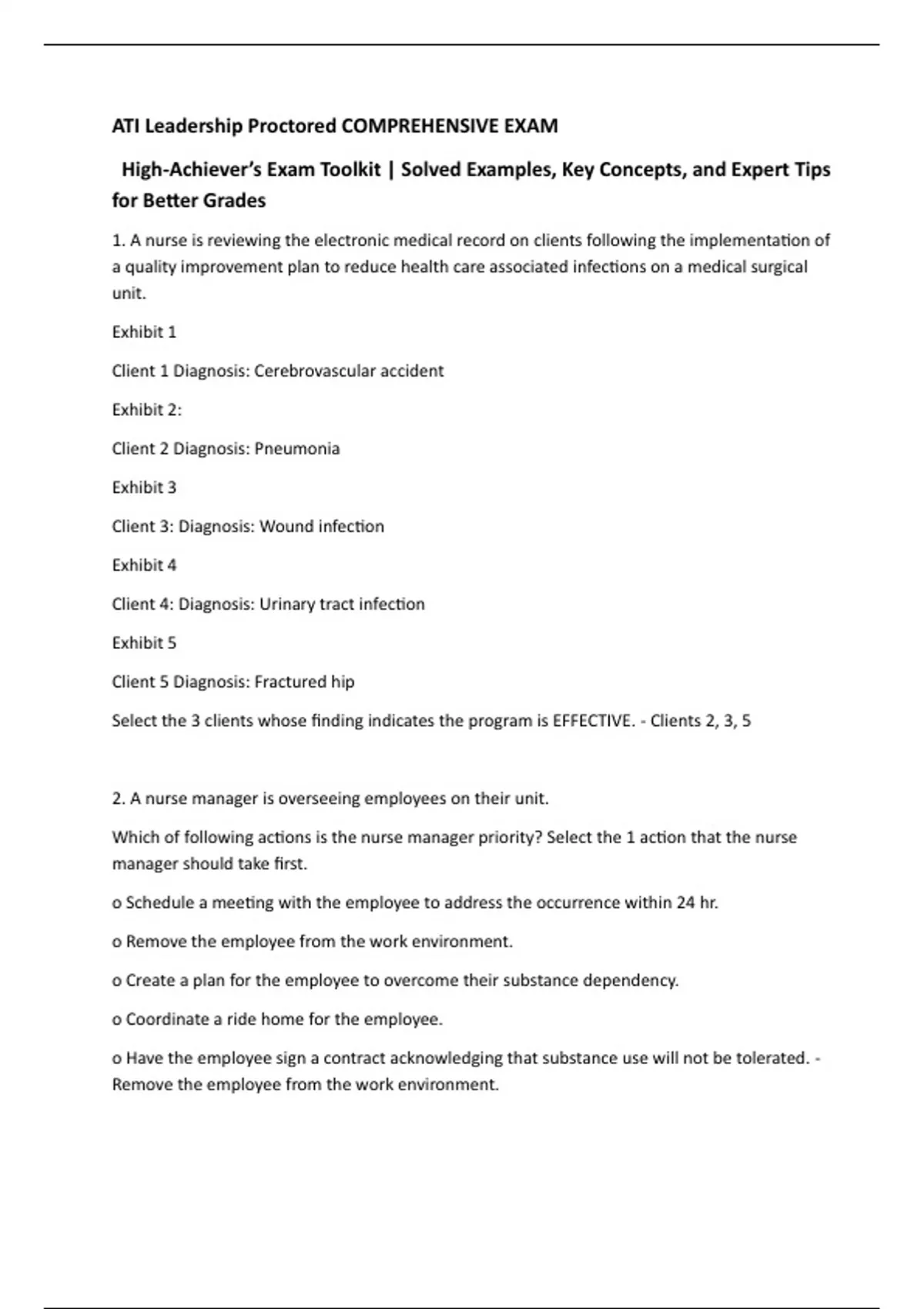 ATI Leadership Proctored COMPREHENSIVE EXAM High-Achiever’s Exam ...