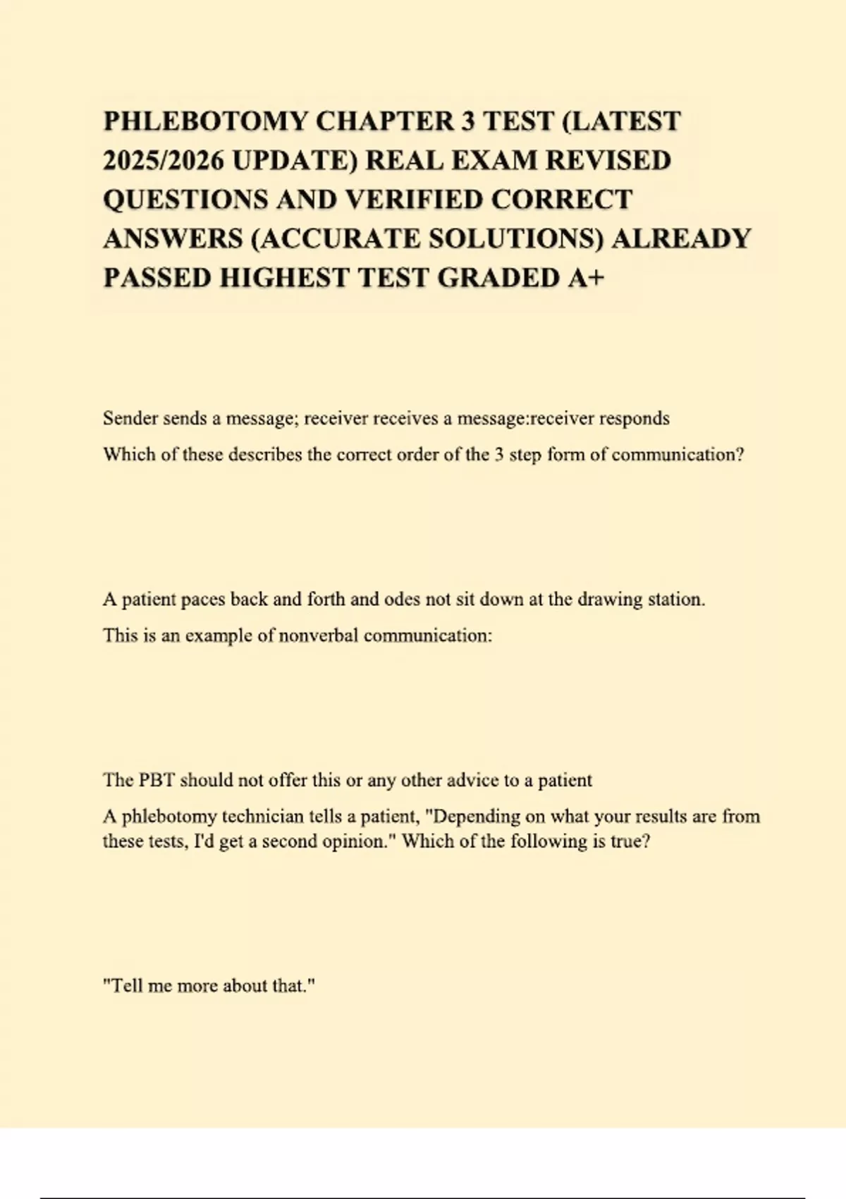 PHLEBOTOMY CHAPTER 3 TEST QUESTIONS WITH CORRECT ANSWERS 2025 SUCCESS ...