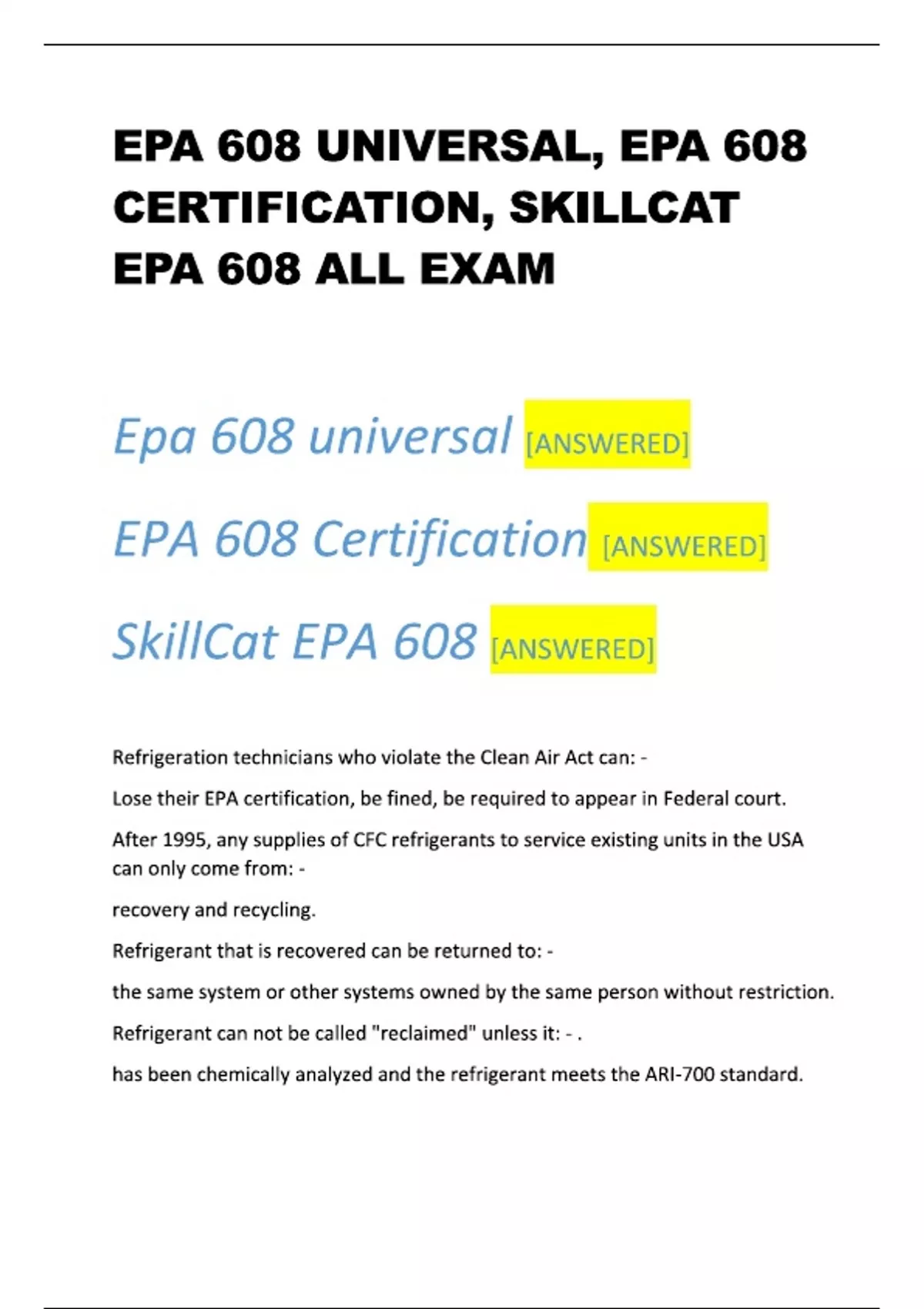 EPA 608 UNIVERSAL, EPA 608 CERTIFICATION, SKILLCAT EPA 608 ALL EXAM ...