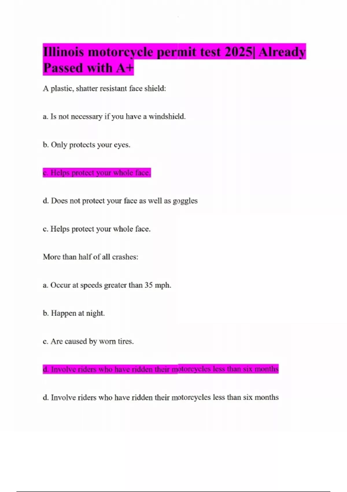 Illinois motorcycle permit test 2025| Already Passed with A+ - Illinois ...
