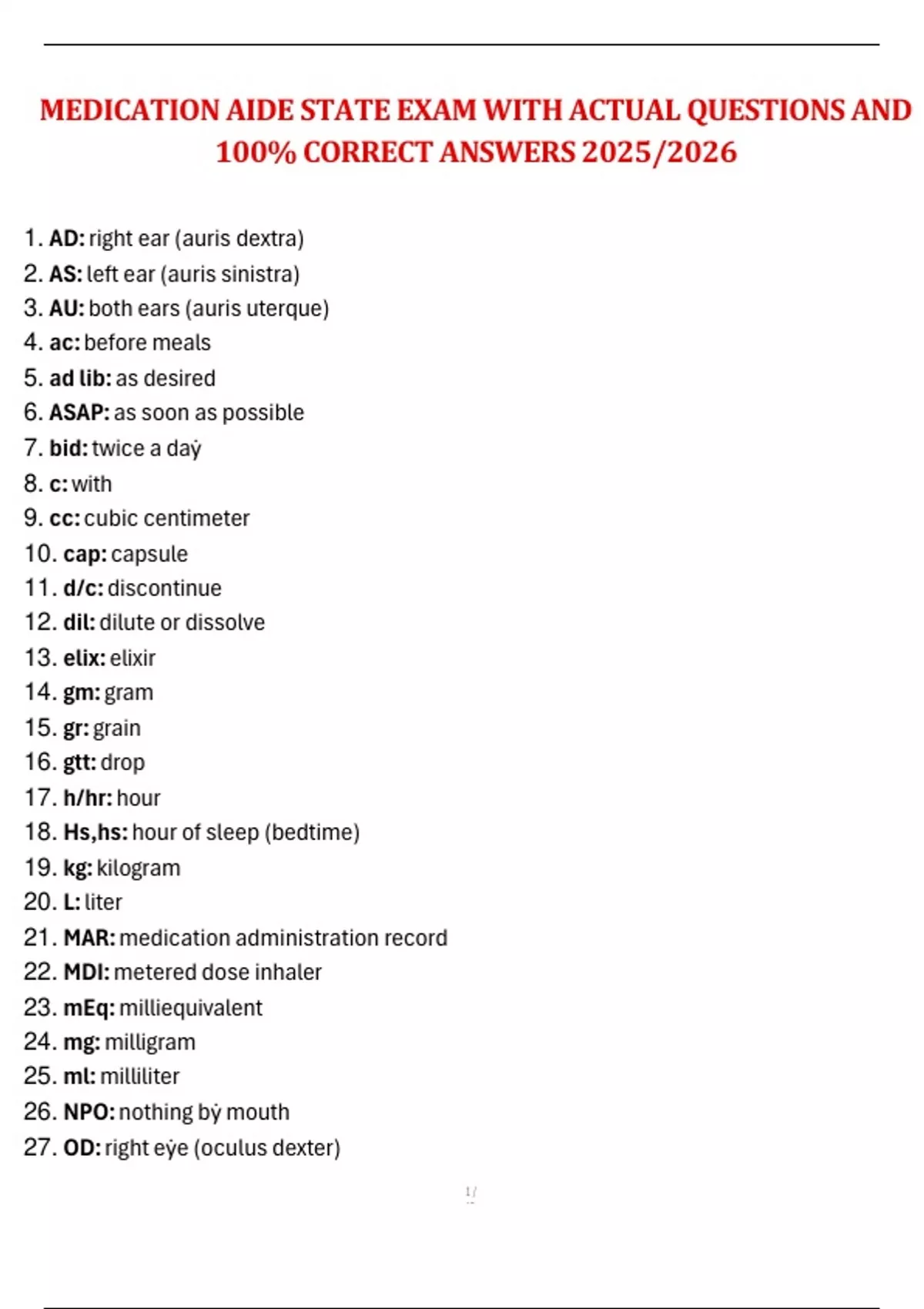 Medication Aide State Exam – 2025/2026 – Complete Practice Exam with ...