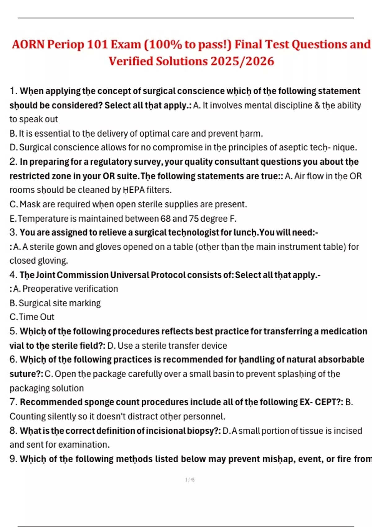 AORN Periop 101 Exam – AORN, 2025/2026 – Final Test Questions with ...