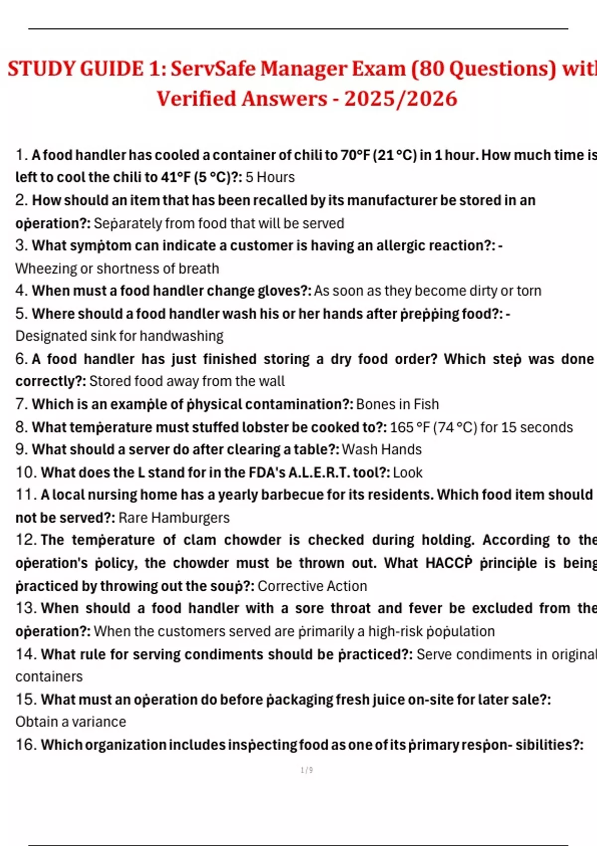 STUDY GUIDE 1: ServSafe Manager Exam – 2025/2026 – 80 Questions with ...