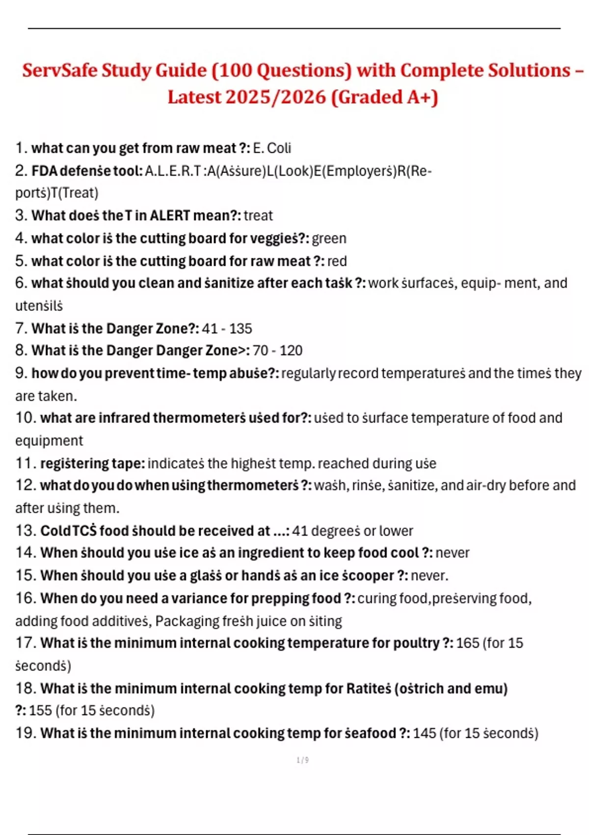ServSafe Study Guide – 2025/2026 – 100 Questions with Complete ...