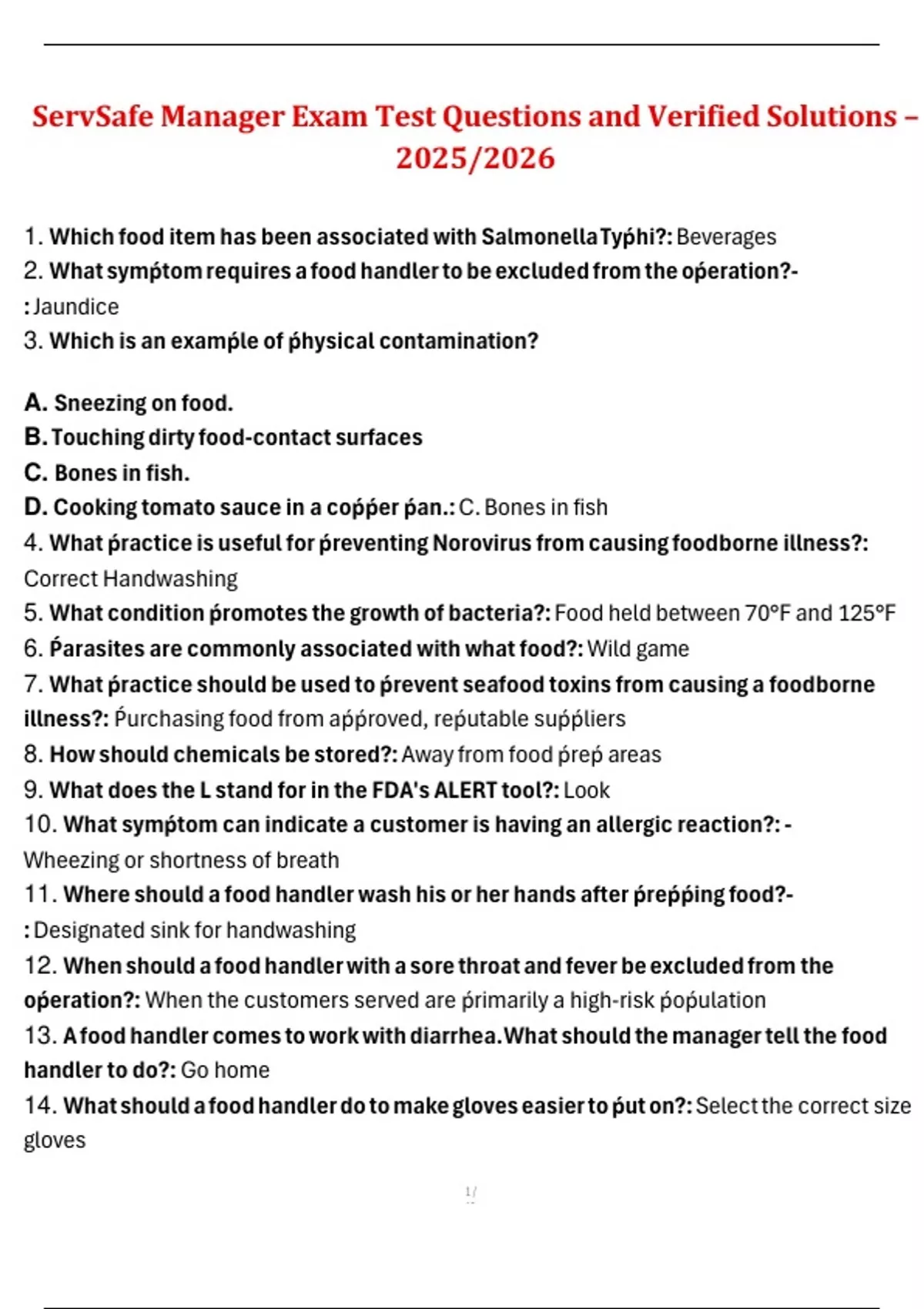 ServSafe Manager Exam – Test Questions and Verified Solutions 2025/2026 ...