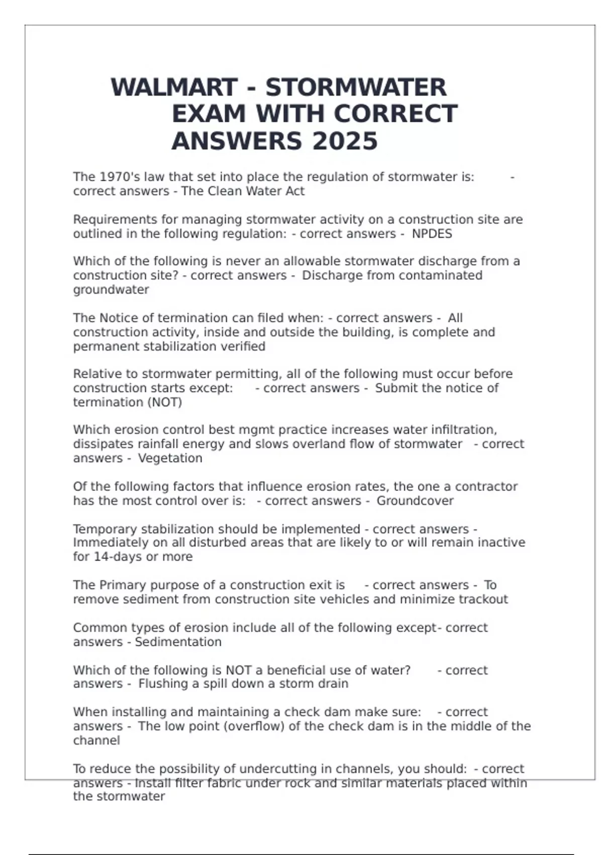 WALMART - STORMWATER EXAM WITH CORRECT ANSWERS 2025 - WALMART ...